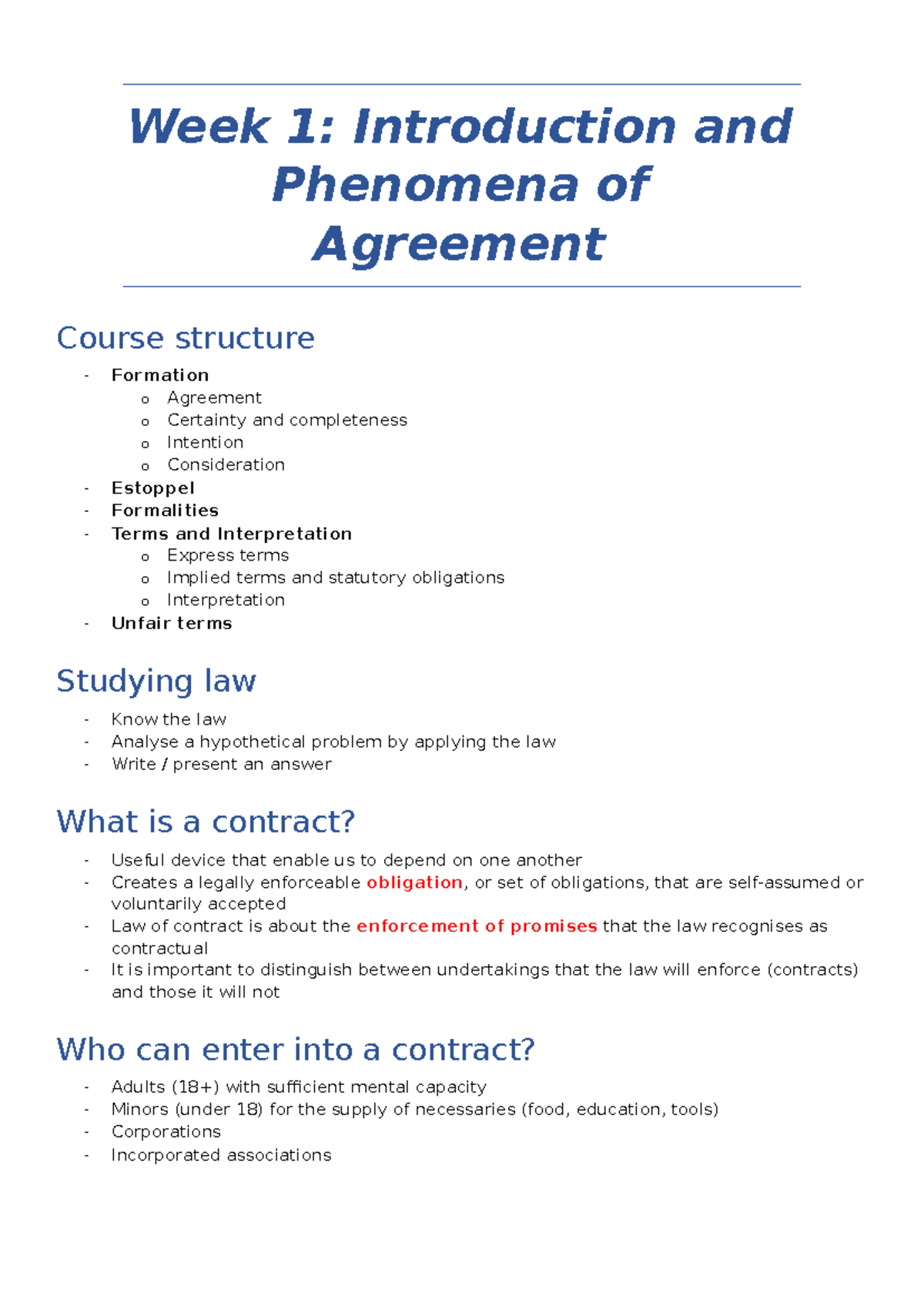 LAWS1701 Week 1 Summary - Week 1: Introduction and Phenomena of Agreement Course structure ...