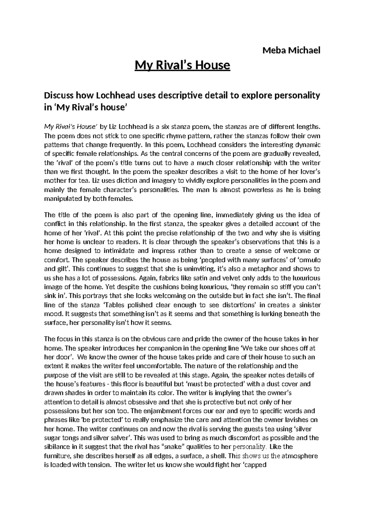 My Rivals House Essay - Meba Michael My Rival’s House Discuss how ...