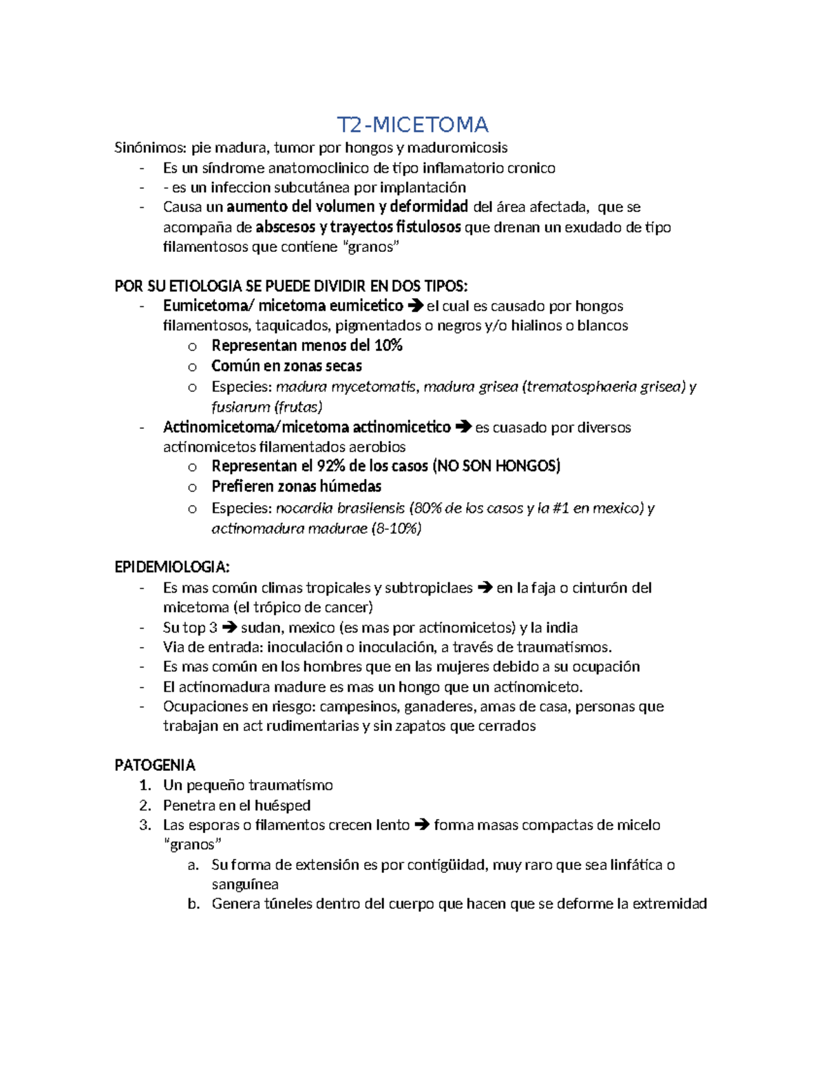 Resumen derma - T2-MICETOMA Sinónimos: pie madura, tumor por hongos y maduromicosis - Es un ...