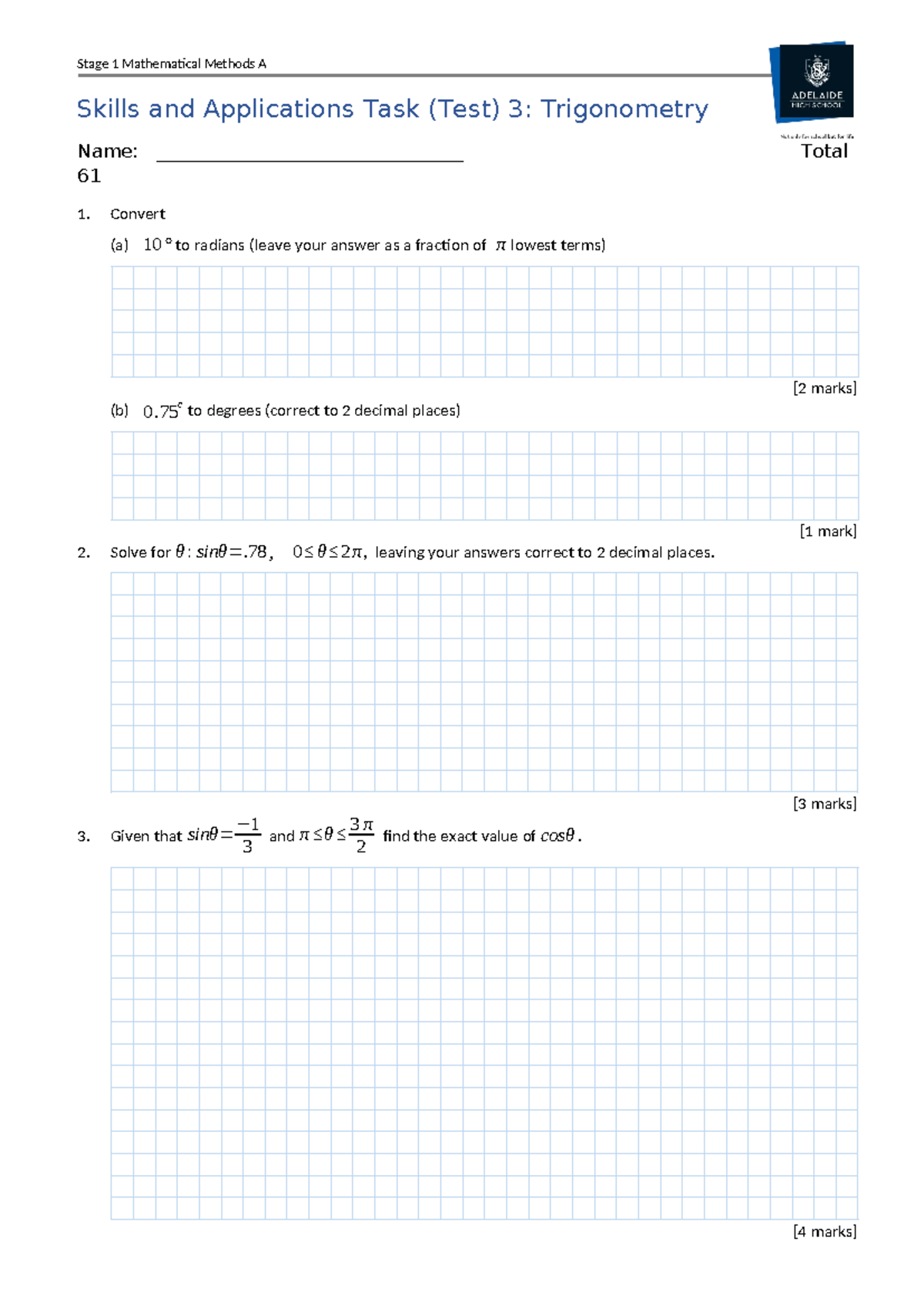 SAT 3 Trigonometry 2021 - ####### Stage 1 Mathematical Methods A Skills ...