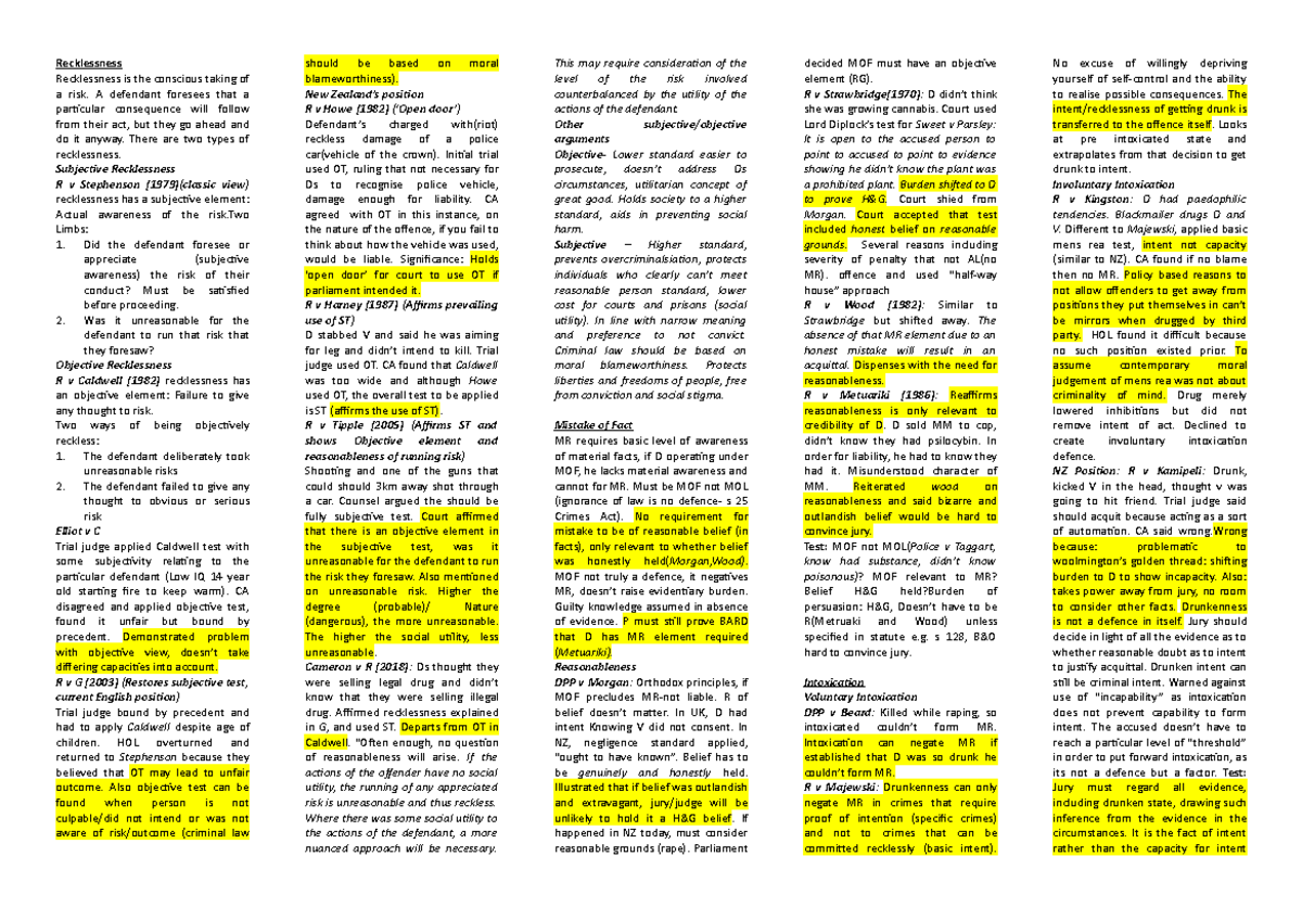 Crim test 2 Cheat Sheet - Recklessness Recklessness is the conscious ...