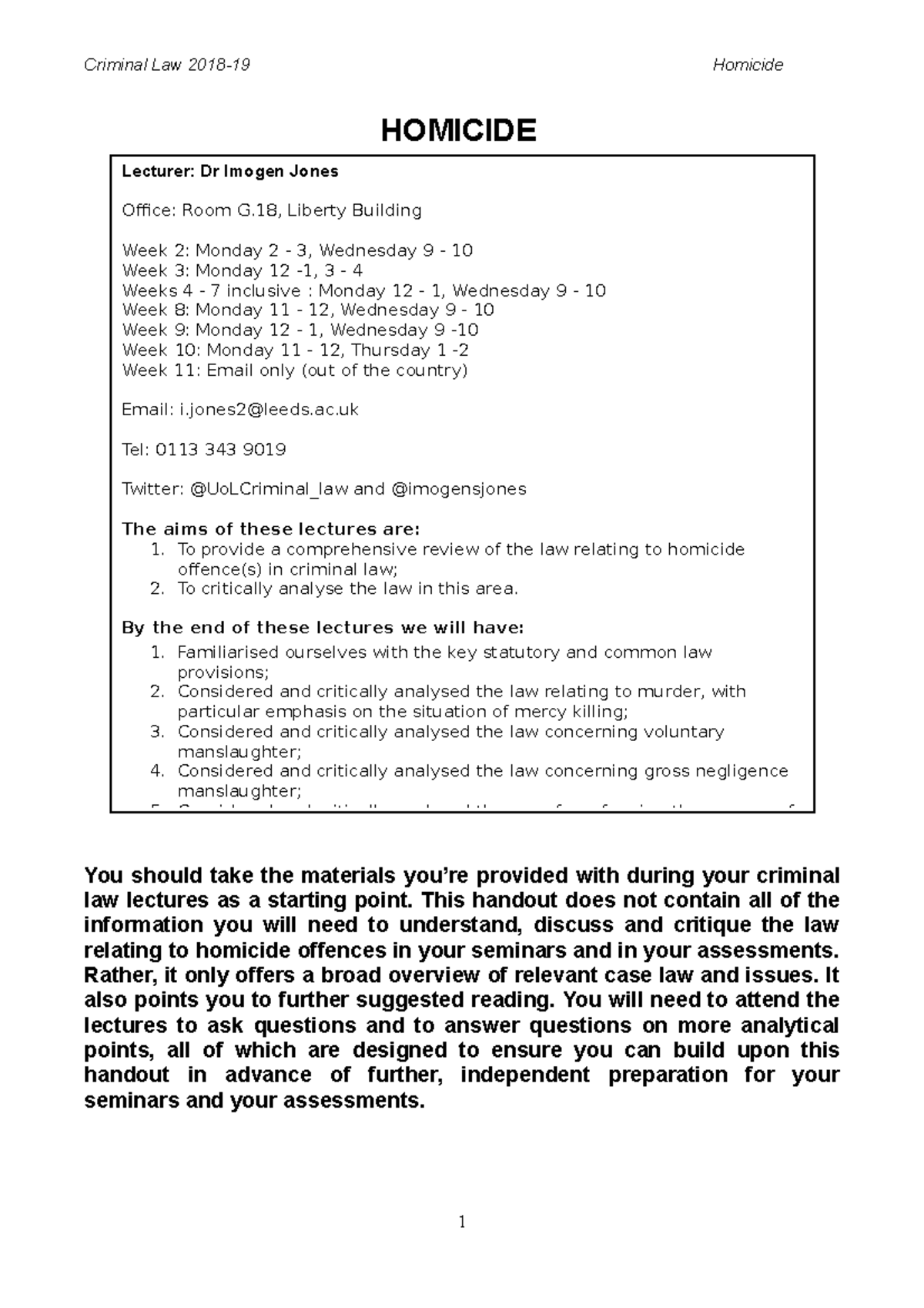 Homicide Handout 2018-19 - HOMICIDE You should take the materials you ...