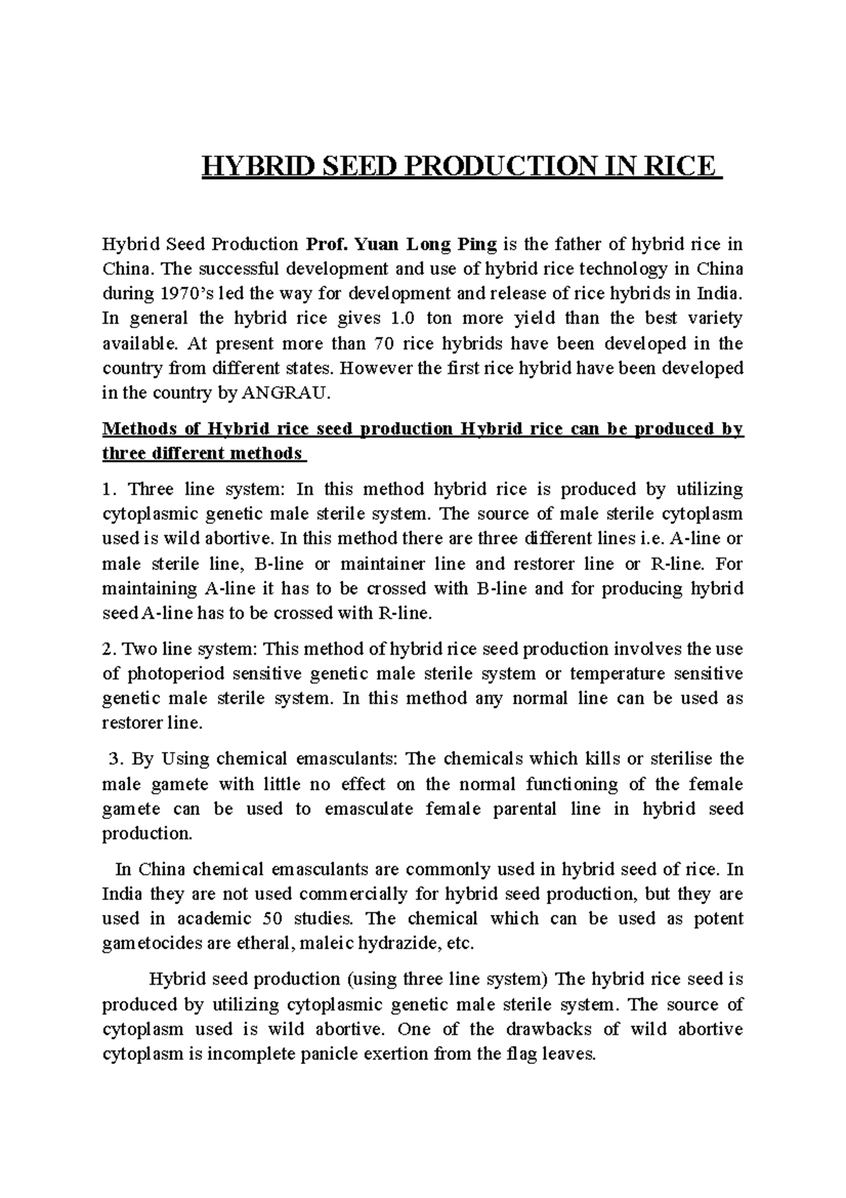 Hybrid Rice production - HYBRID SEED PRODUCTION IN RICE Hybrid Seed ...