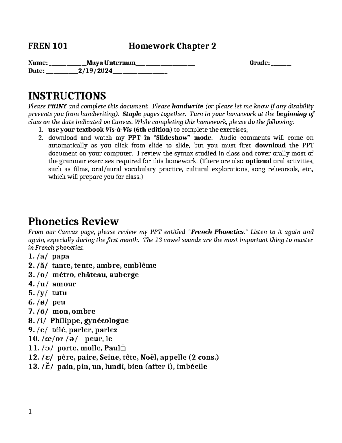 Chapter 2 Homework Online - FREN 101 Homework Chapter 2 Name: Maya ...