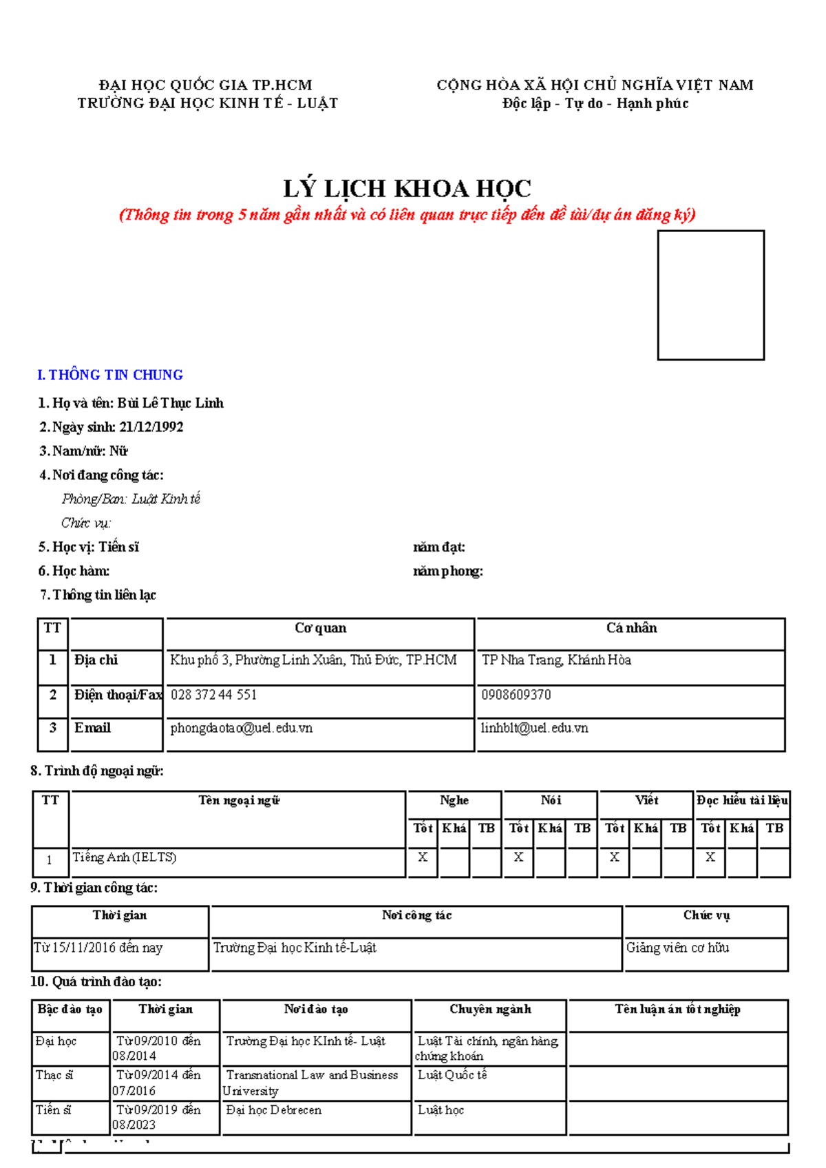 Thuc Linh-Ly Lich Khoa Hoc UEL - ĐẠI HỌC QUỐC GIA TP TRƯỜNG ĐẠI HỌC ...