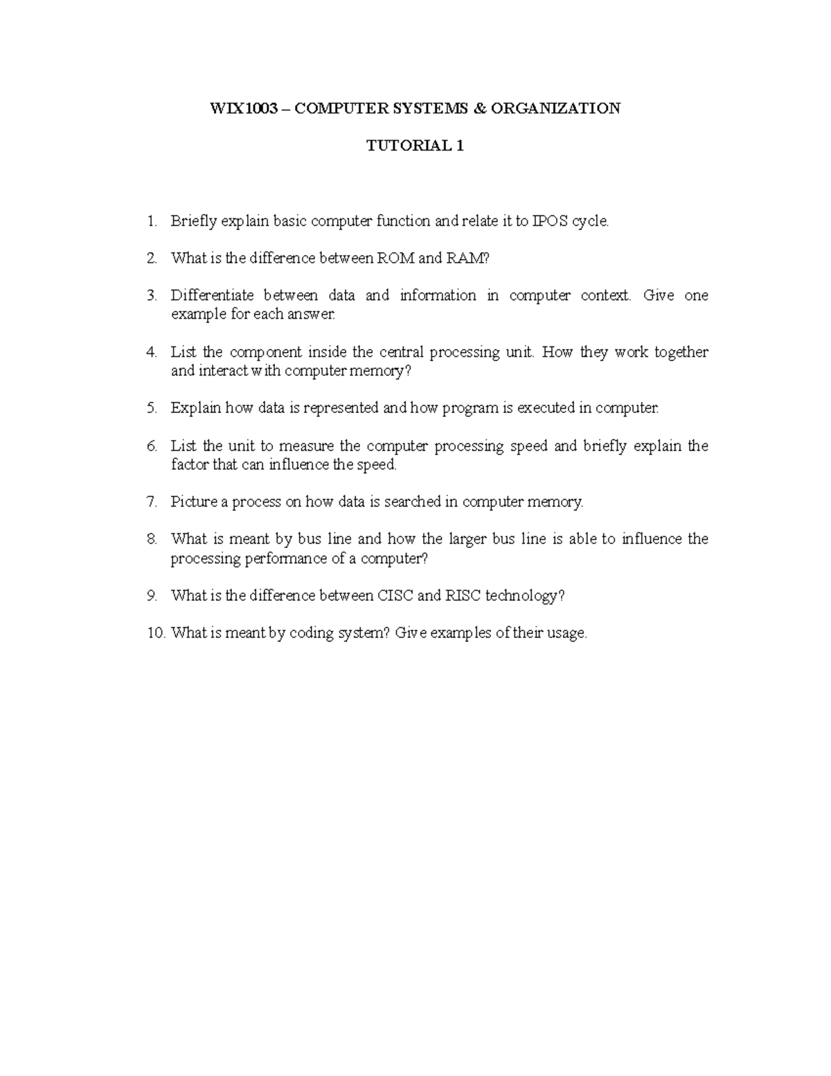 Tutorial 1 - cso is easy - WIX1003 – COMPUTER SYSTEMS & ORGANIZATION ...
