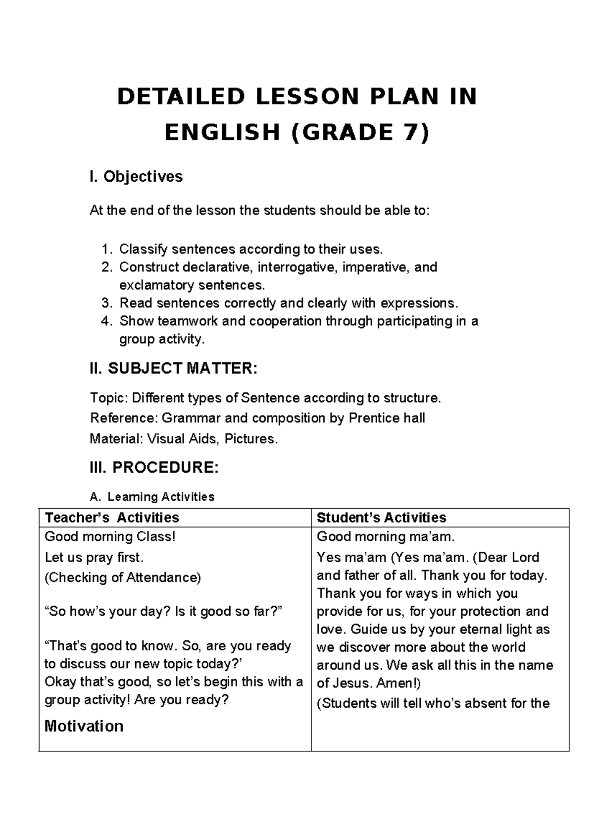 Detailed Lesson PLAN IN English Grade 7 - DETAILED LESSON PLAN IN ...