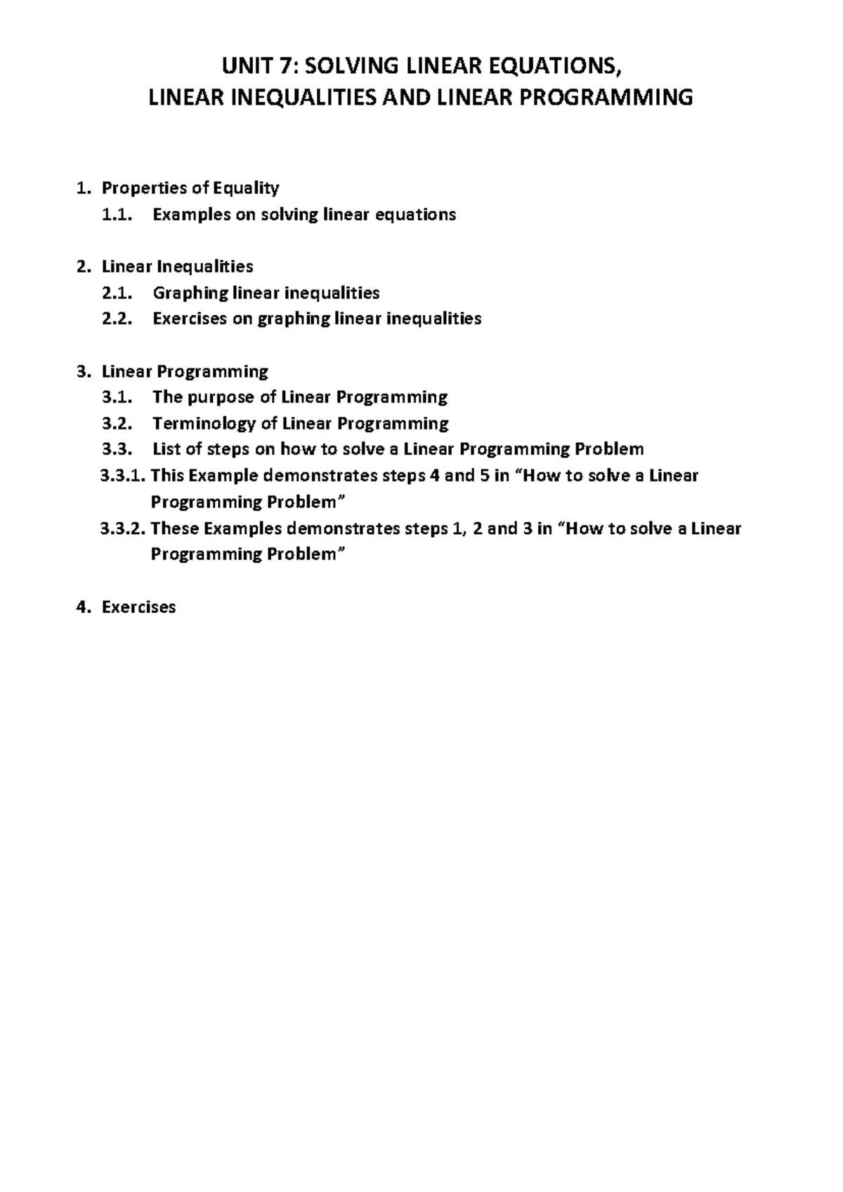 Unit 7 Solving Linear Equations Linear Inequalities And Linear Programming Unit 7 Solving