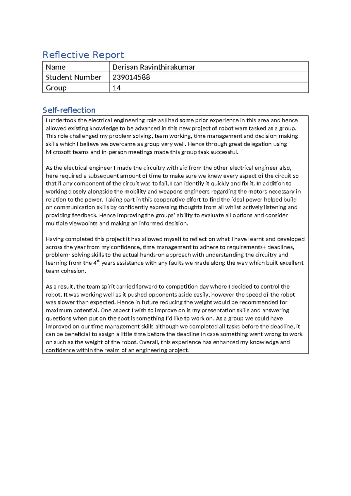 Reflective Report Template - Reflective Report Name Derisan ...