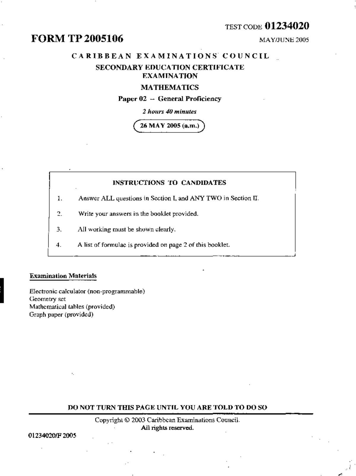 CSEC Mathematics P2 2005 - TEST CODE 01234020 FORM TP 2005106 MAY/JUNE ...