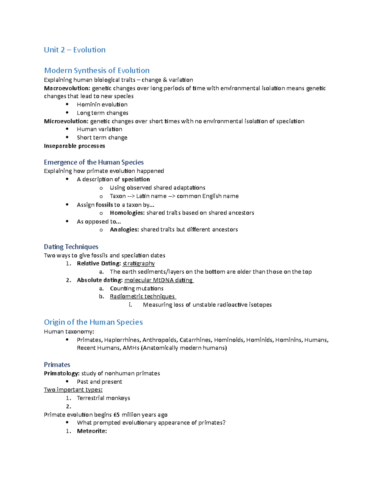 Unit 2 - ANTH - Evolution notes - test 2 material - Unit 2 – Evolution ...
