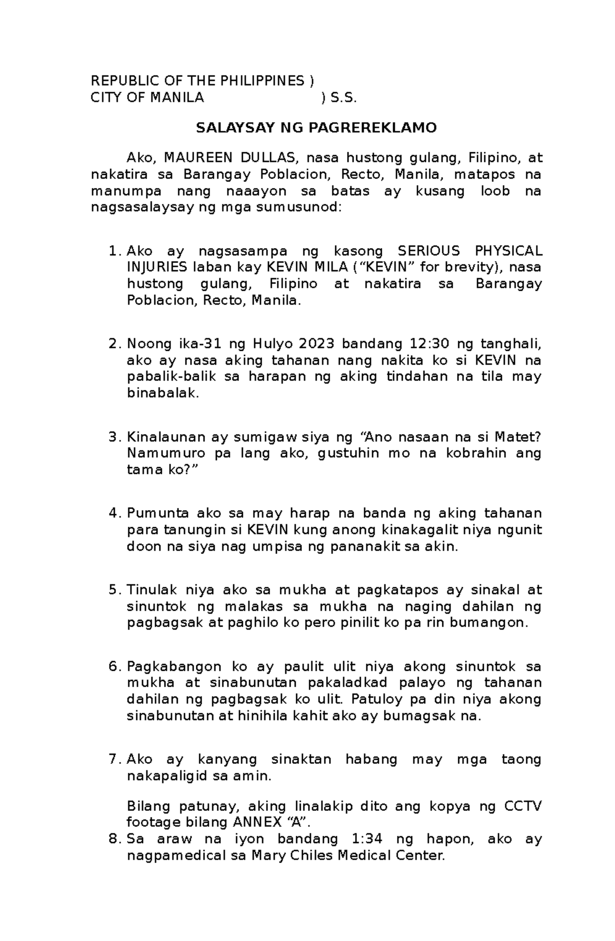 Salaysay ng Pagrereklamo - REPUBLIC OF THE PHILIPPINES ) CITY OF MANILA ...