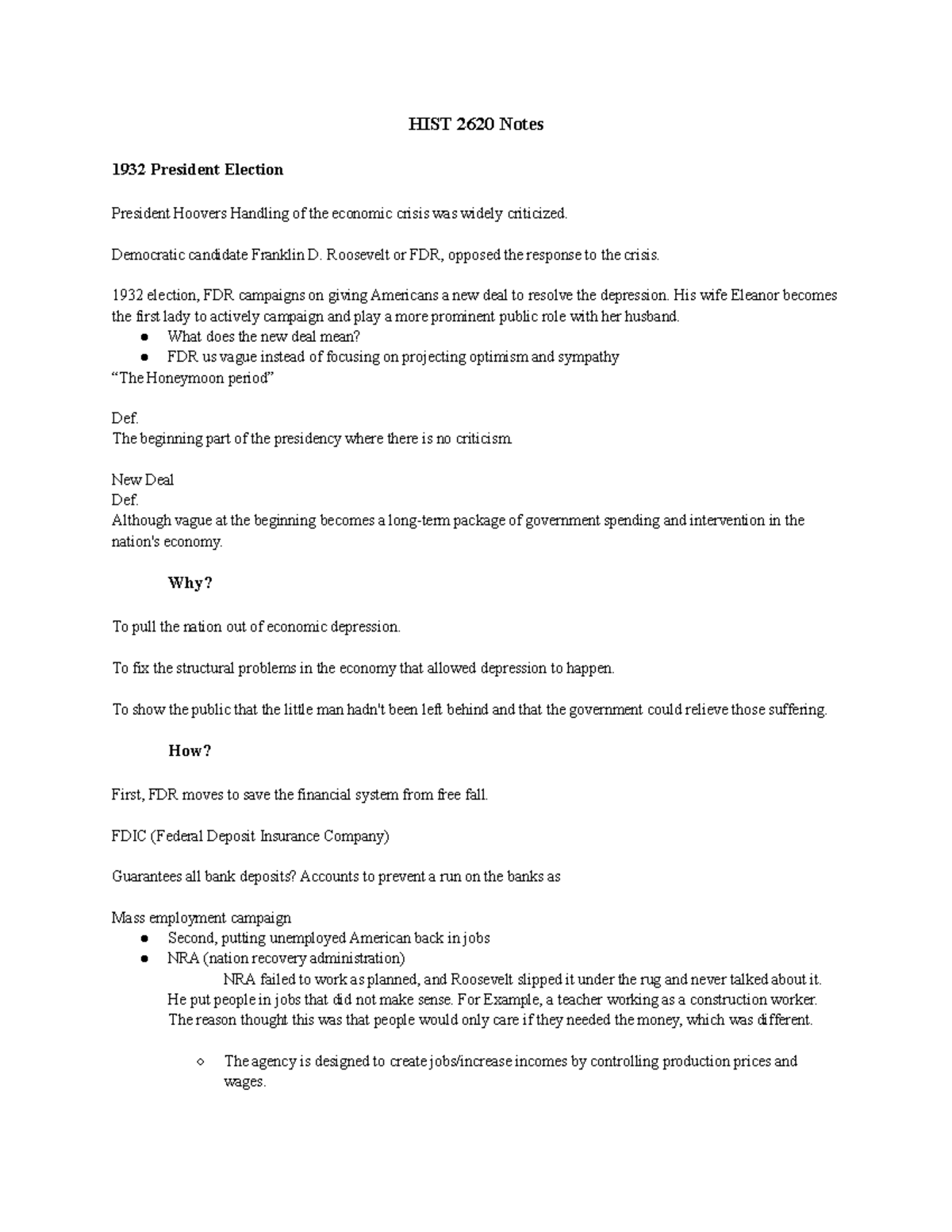 HIST 2620 Notes 1932 Presidential Election - HIST 2620 Notes 1932 ...