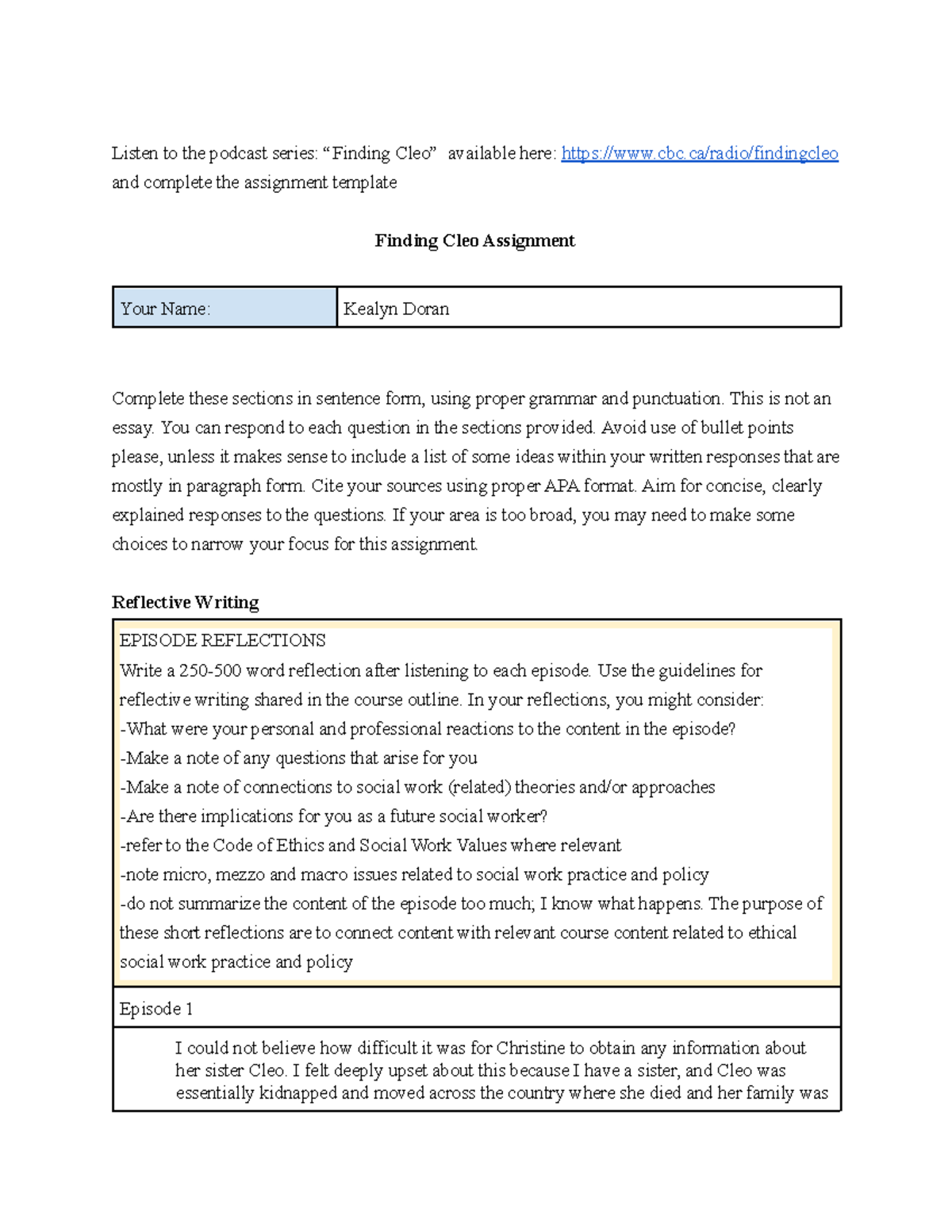 Finding Cleo Assignment - Listen to the podcast series: “Finding Cleo ...