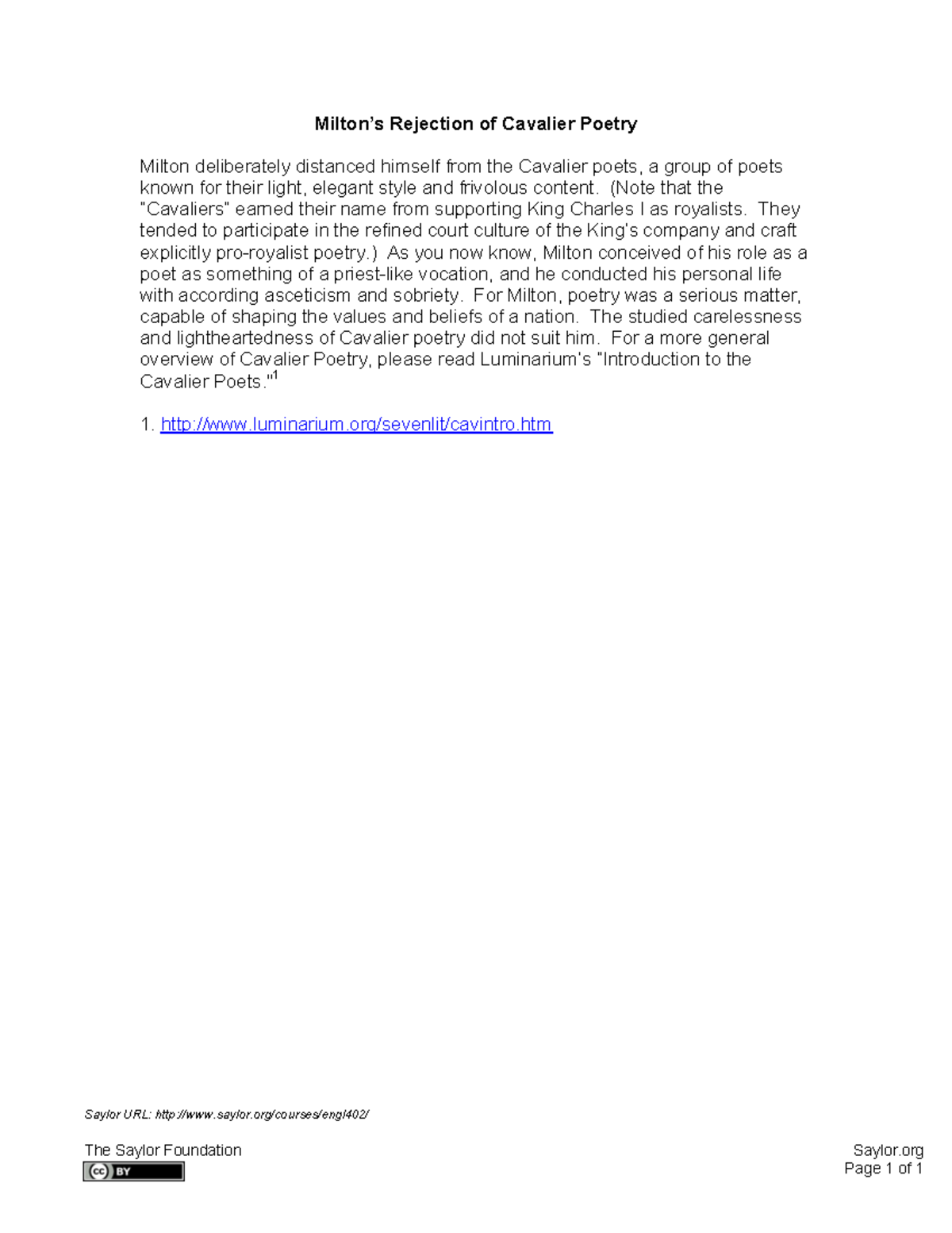 ENGL402 Milton Rejection of Cavalier Poetry - Saylor URL: saylor ...