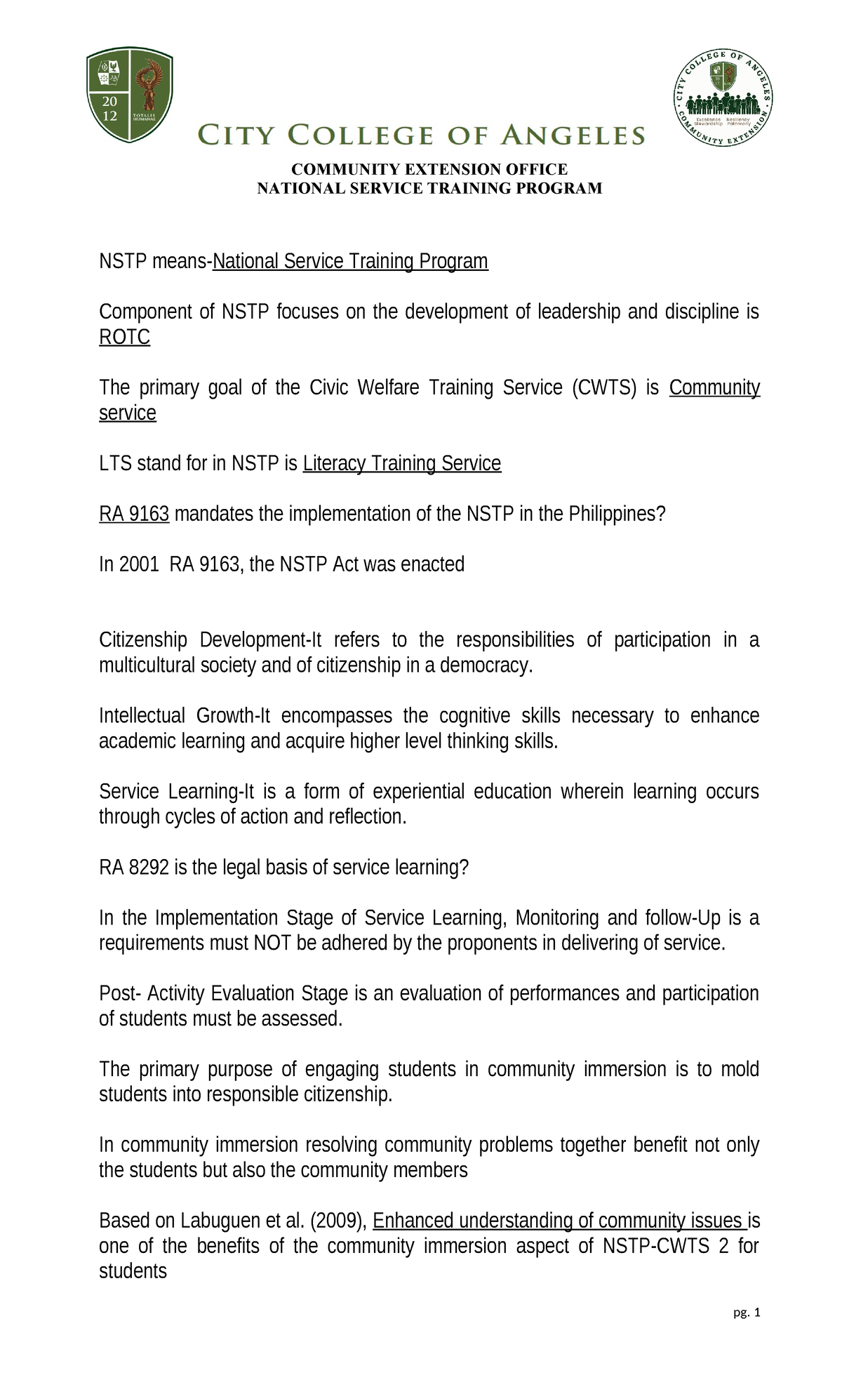 2nd-Sem - exam docx - NATIONAL SERVICE TRAINING PROGRAM NSTP means ...