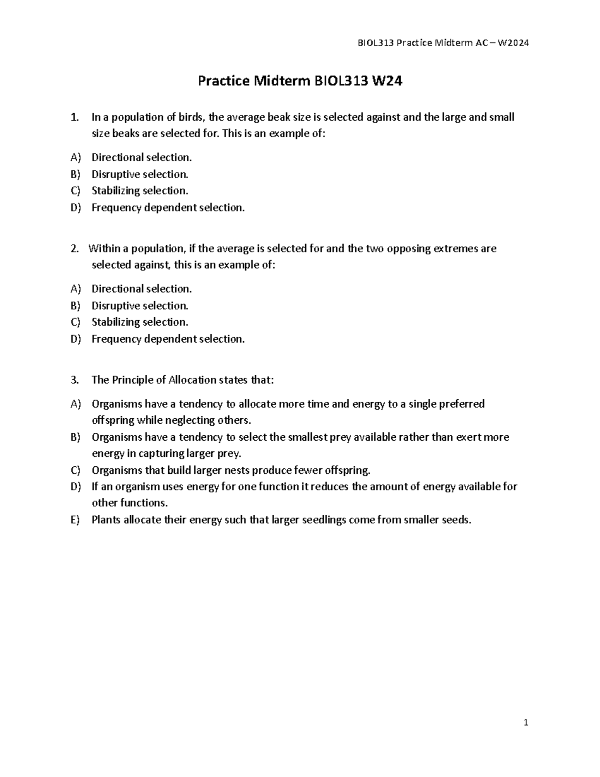 BIOL 313 Practice Midterm 2 - Practice Midterm BIOL313 W2 4 In a population of birds, the ...