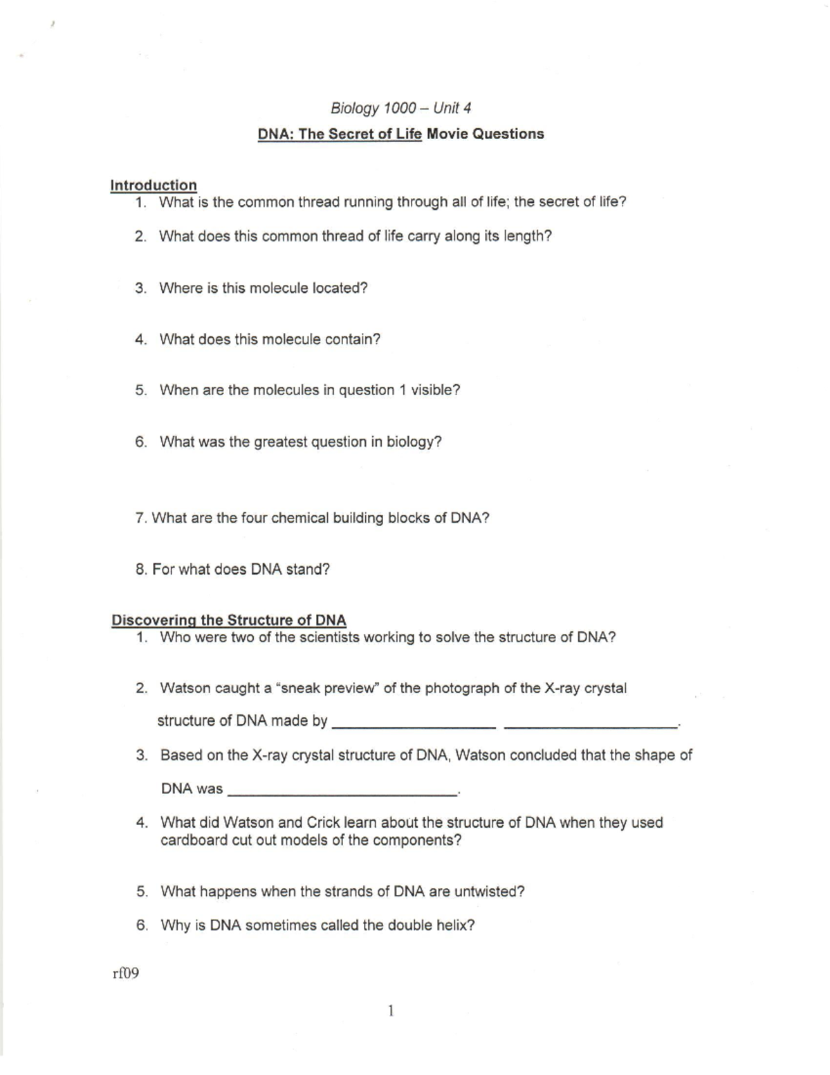 Dna - the secret of life - DNA movie assignment - Studocu