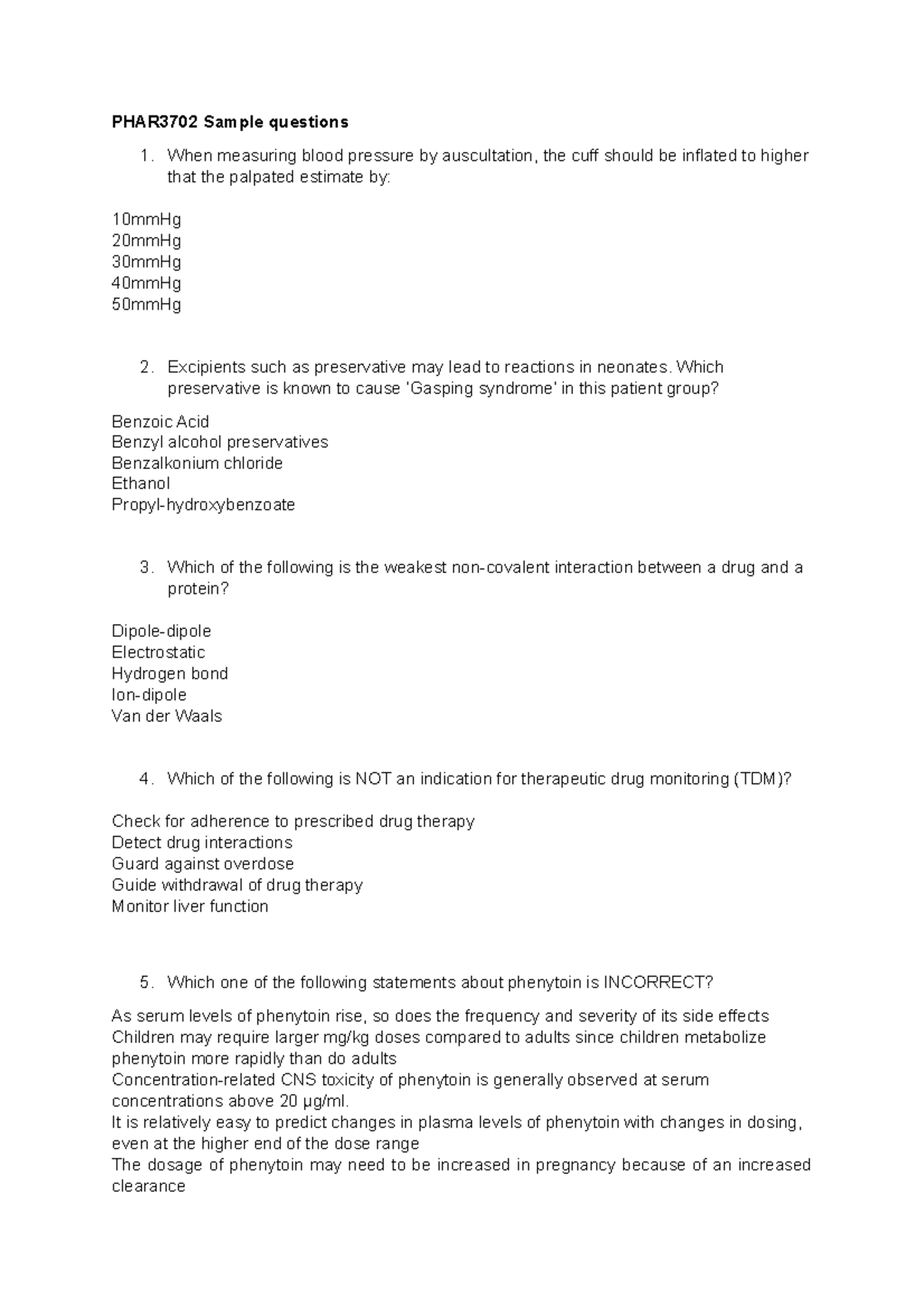 Mock MCQ practice - PHAR3702 Sample questions When measuring blood ...