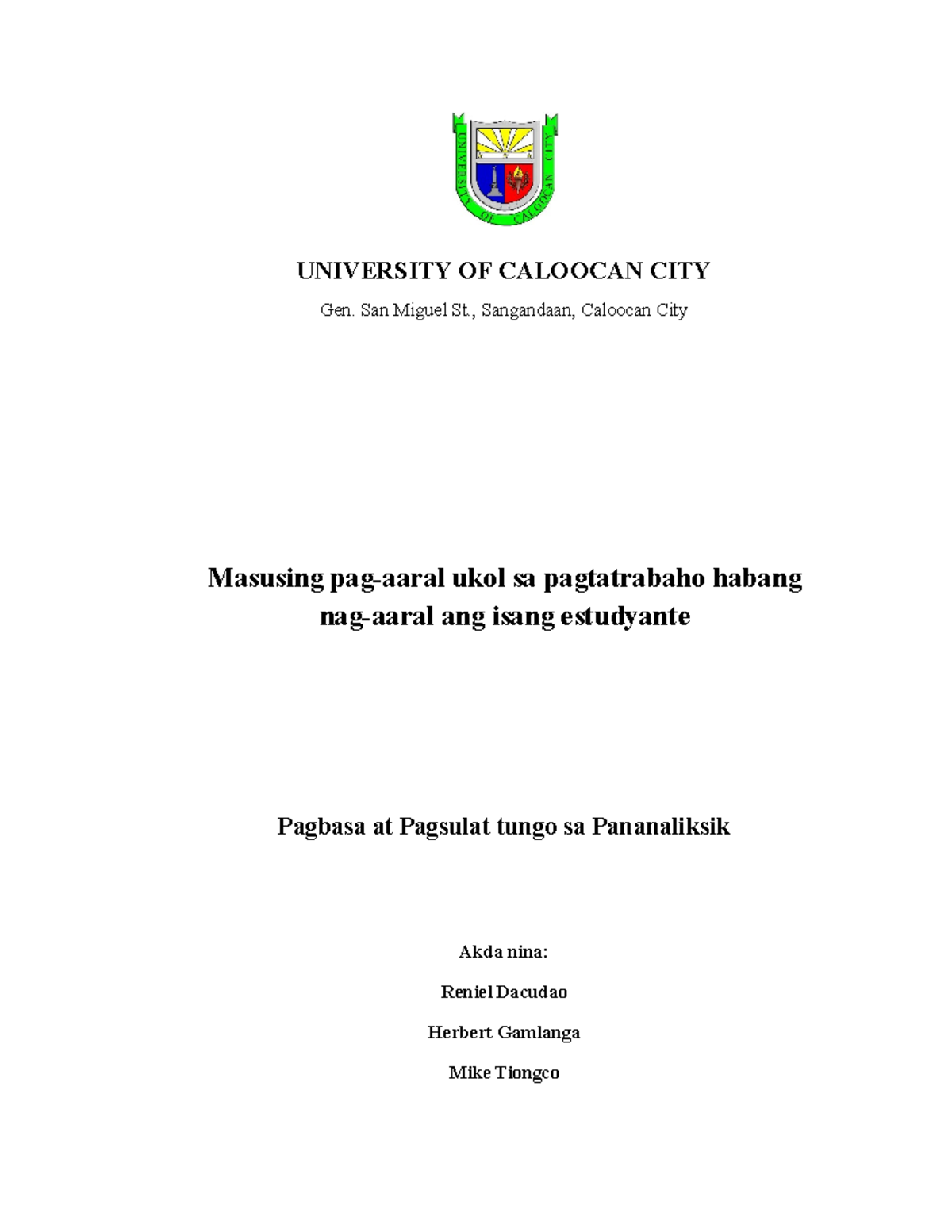 Pdfslide - Researcg for Work8ng students - UNIVERSITY OF CALOOCAN CITY Gen. San Miguel St ...