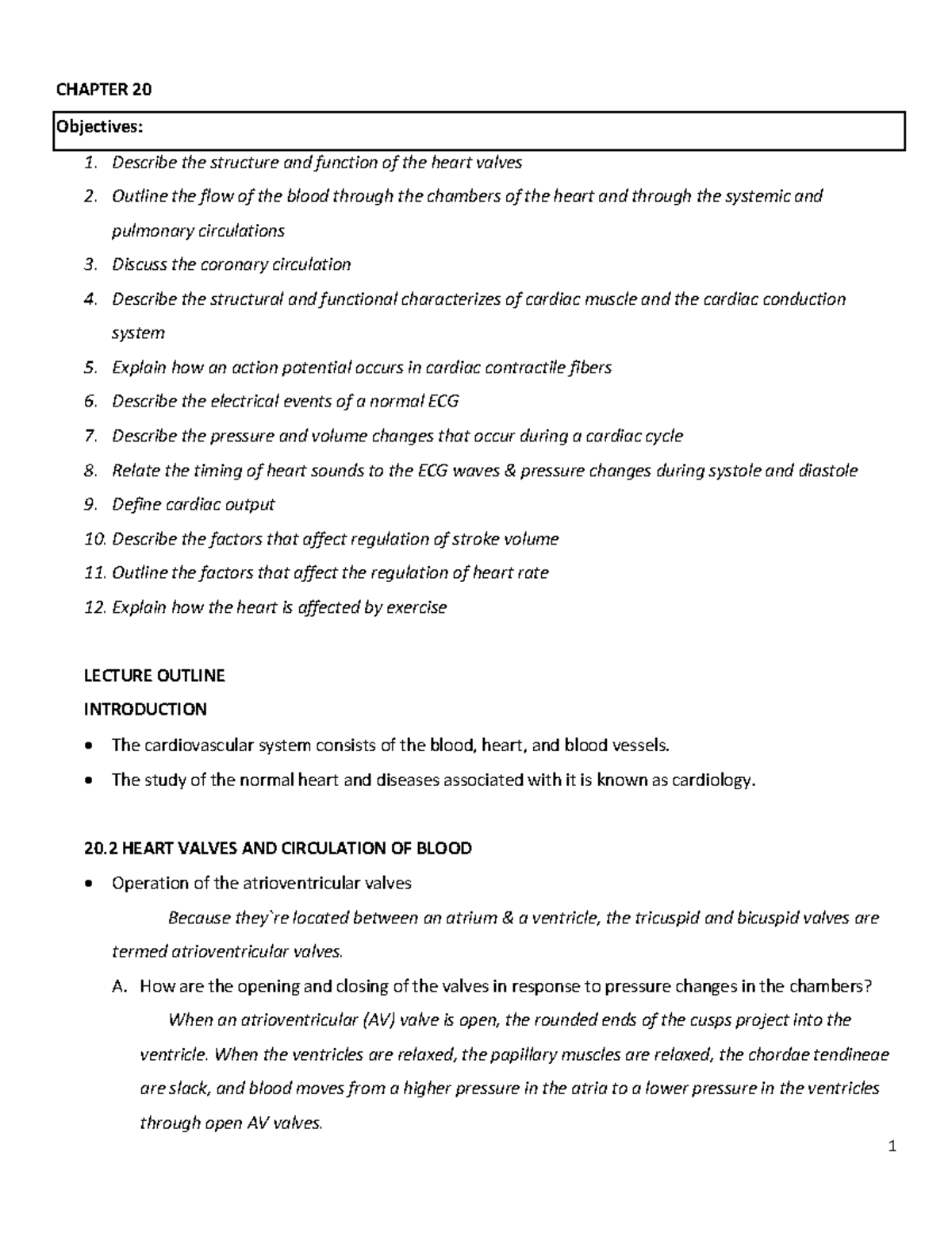 Exam 1 ch20 Heart - Lecture notes 2-5 - CHAPTER 20 Objectives: 1 ...