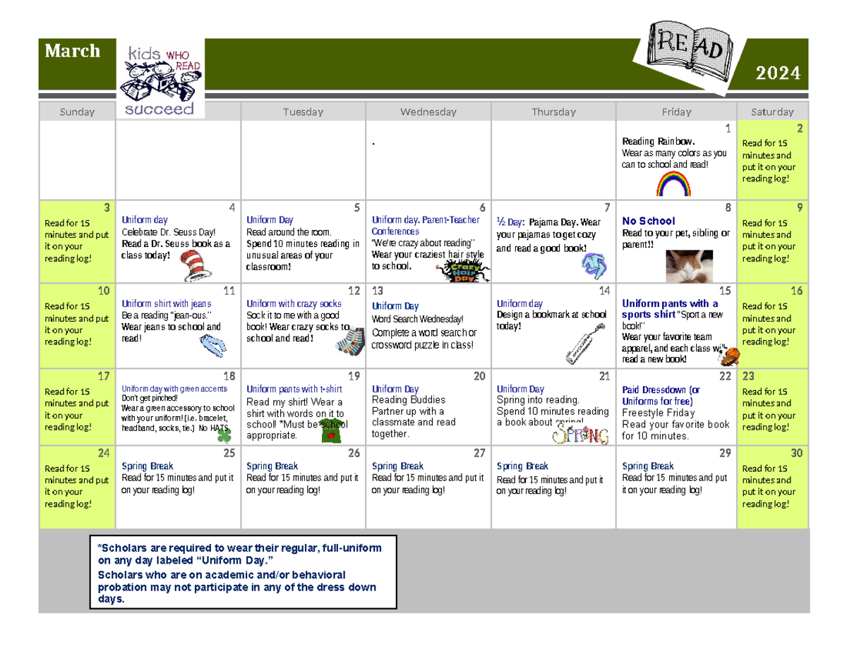 March is Reading Month Calendar 2024 - March 2024 Sunday Monday Tuesday ...