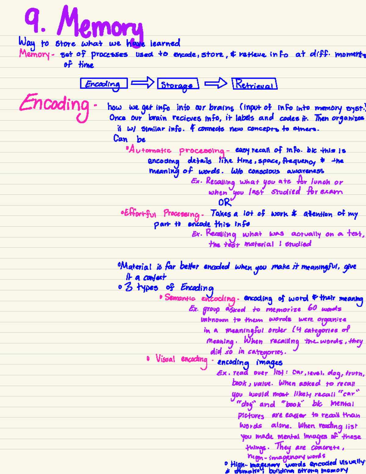 Memory - 9. Memory Way to store what we have learned Memory set of processes used to encode ...