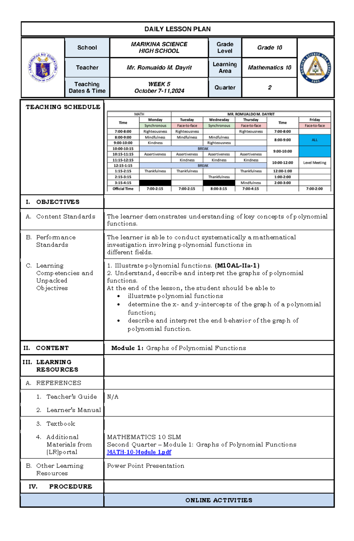 DLP MATH 10 Q1 wk1 oct7-11 Dayrit - DAILY LESSON PLAN School MARIKINA ...