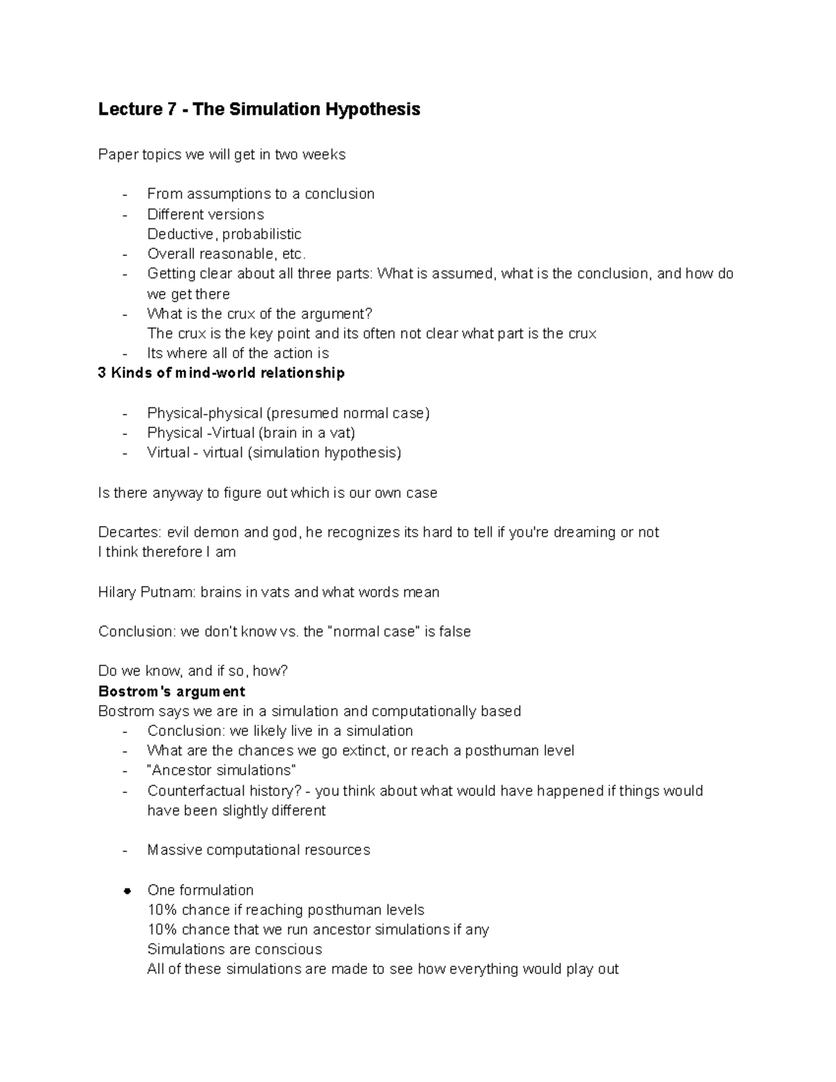 Phil 143 Notes 2 - Lecture 7 - The Simulation Hypothesis Paper topics ...