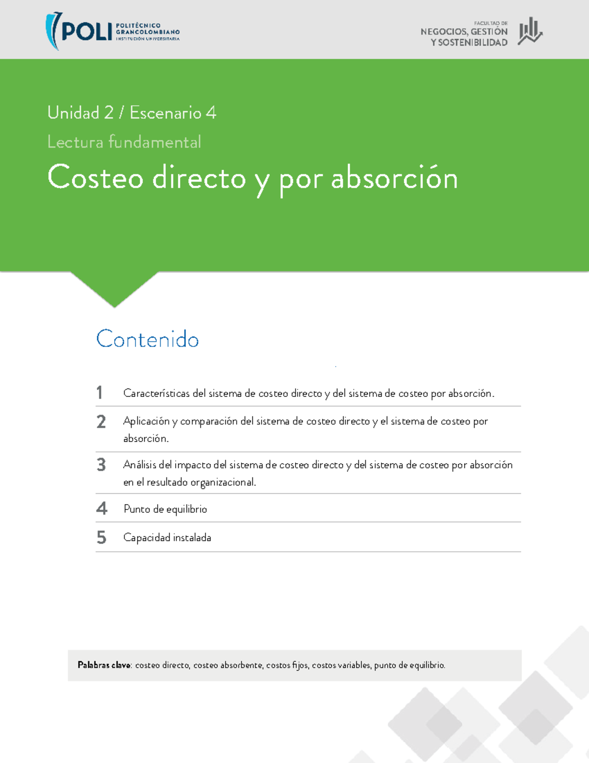 Lectura Fundamental 4 - Costos y Presupuestos - Palabras clave: costeo ...