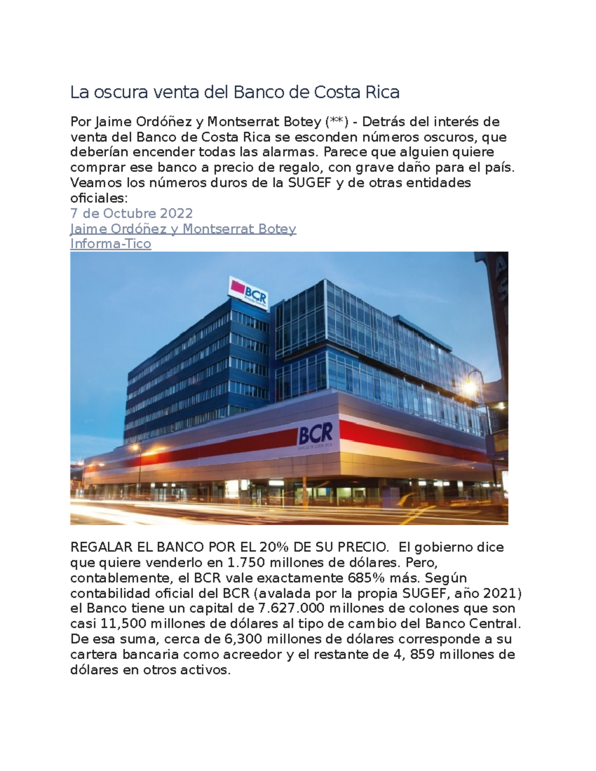 3ERA Noticia Banca La oscura venta del Banco de Costa Rica - La oscura venta del Banco de Costa ...