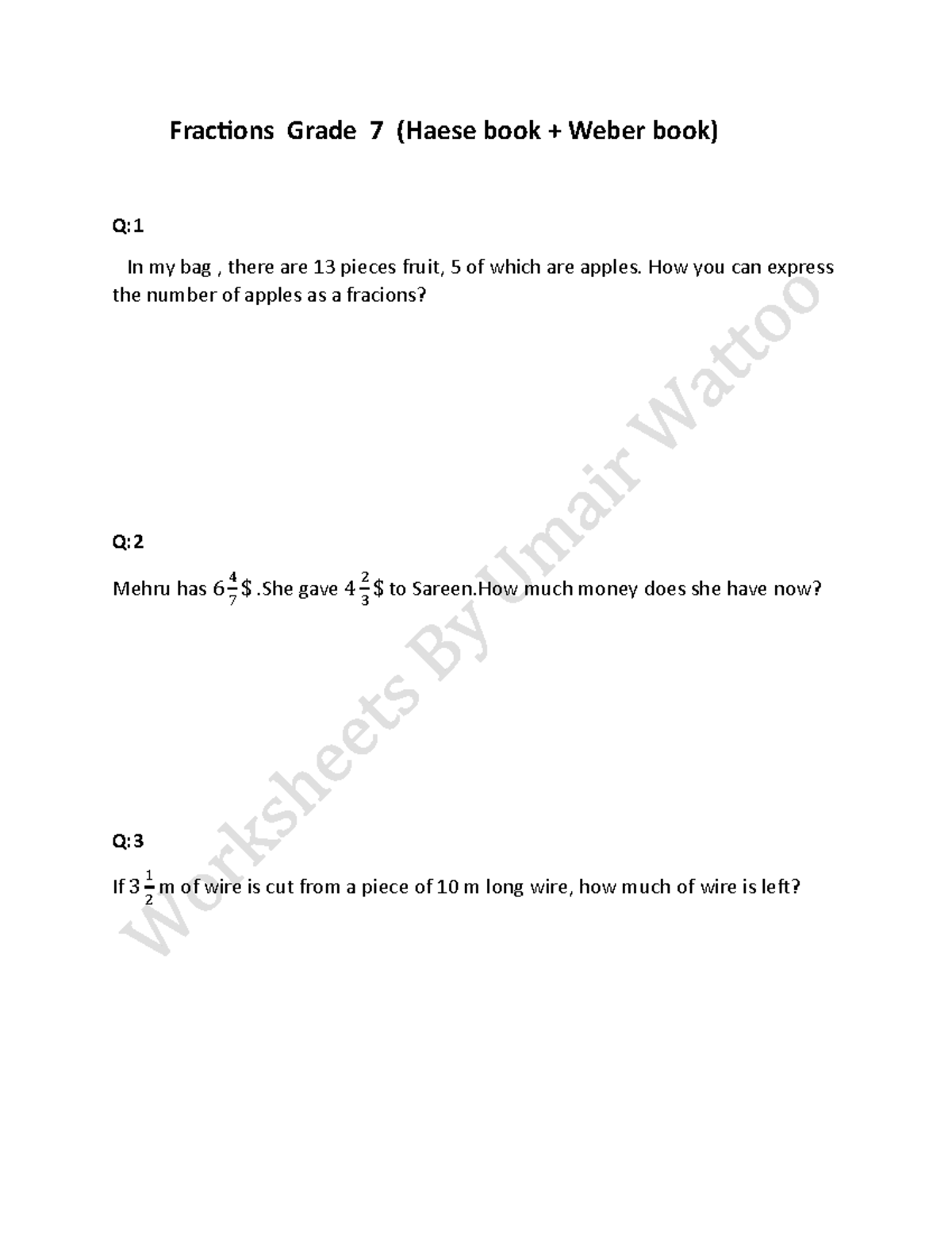 Fractions Grade 7 ( word problems) - Fractions Grade 7 (Haese book ...