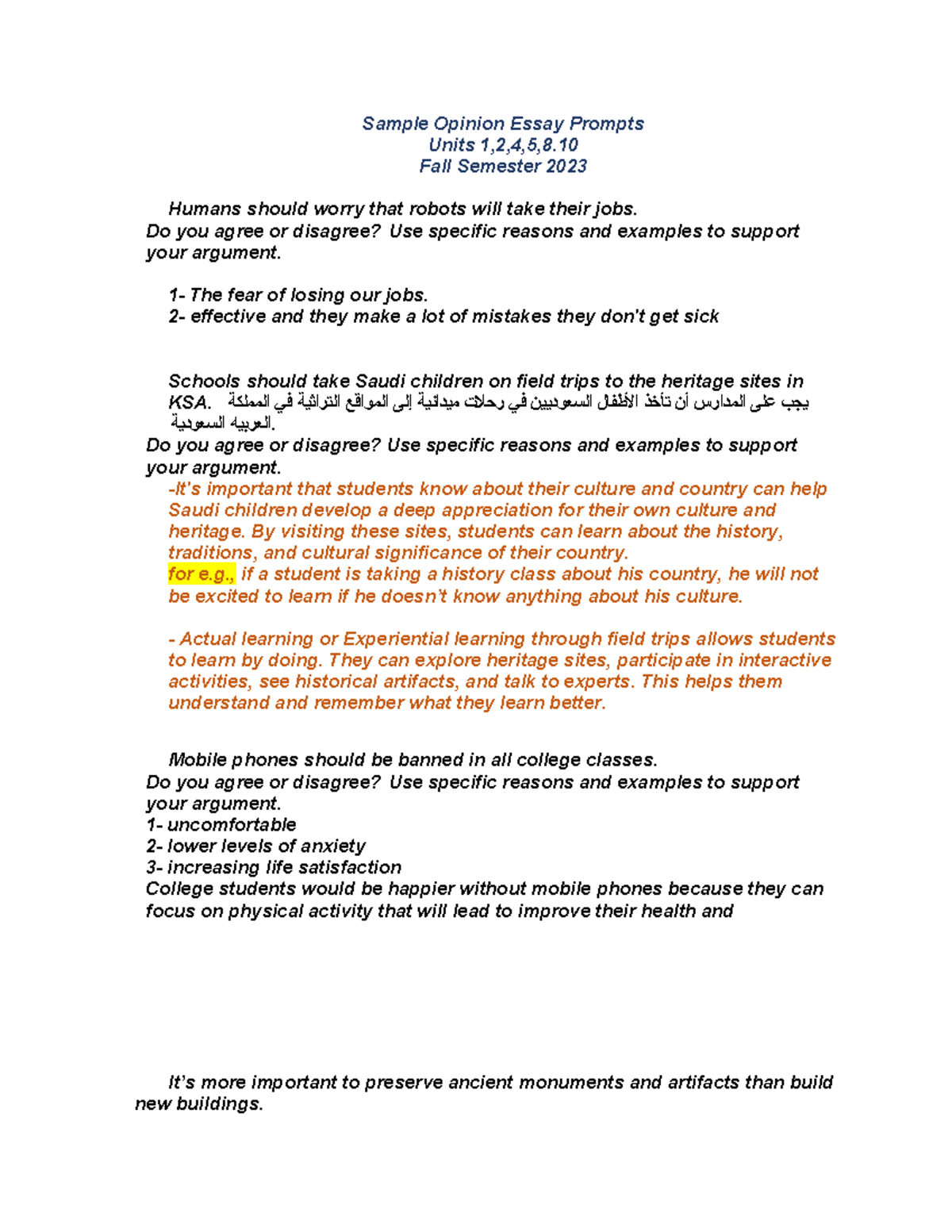 Sample Opinion Prompts Final Exam Fall 2023 - Sample Opinion Essay ...
