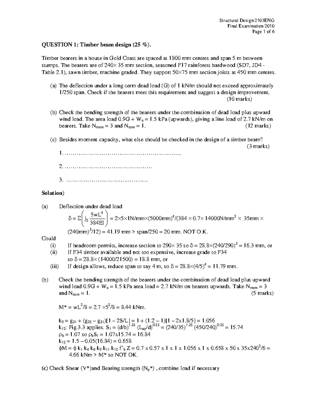 Exam 2010, answers - Structural Design 2103ENG Final Examination 2010 ...