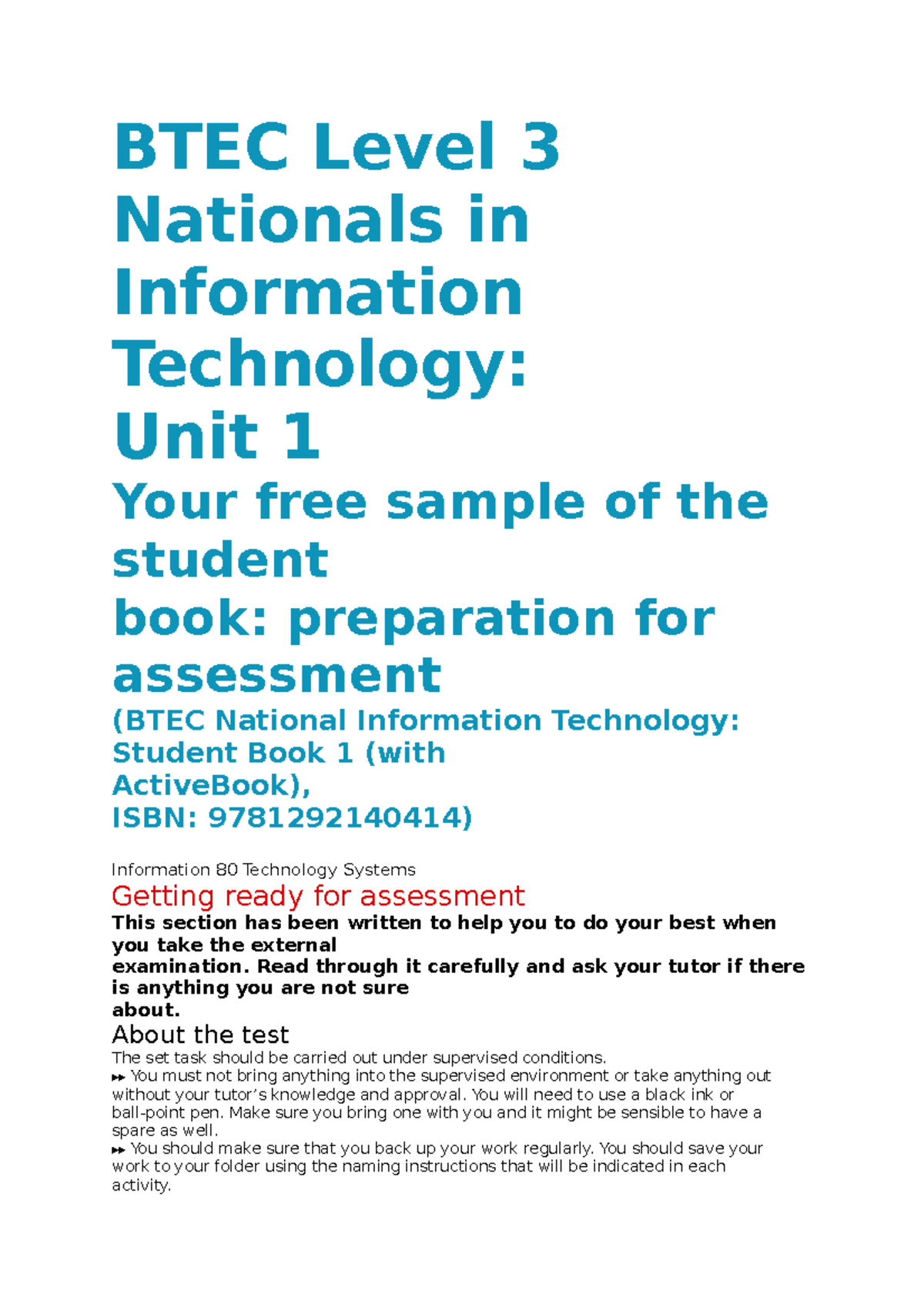 BTEC Level 3 Nationals student sample - BTEC Level 3 Nationals in Information Technology: Unit 1 ...