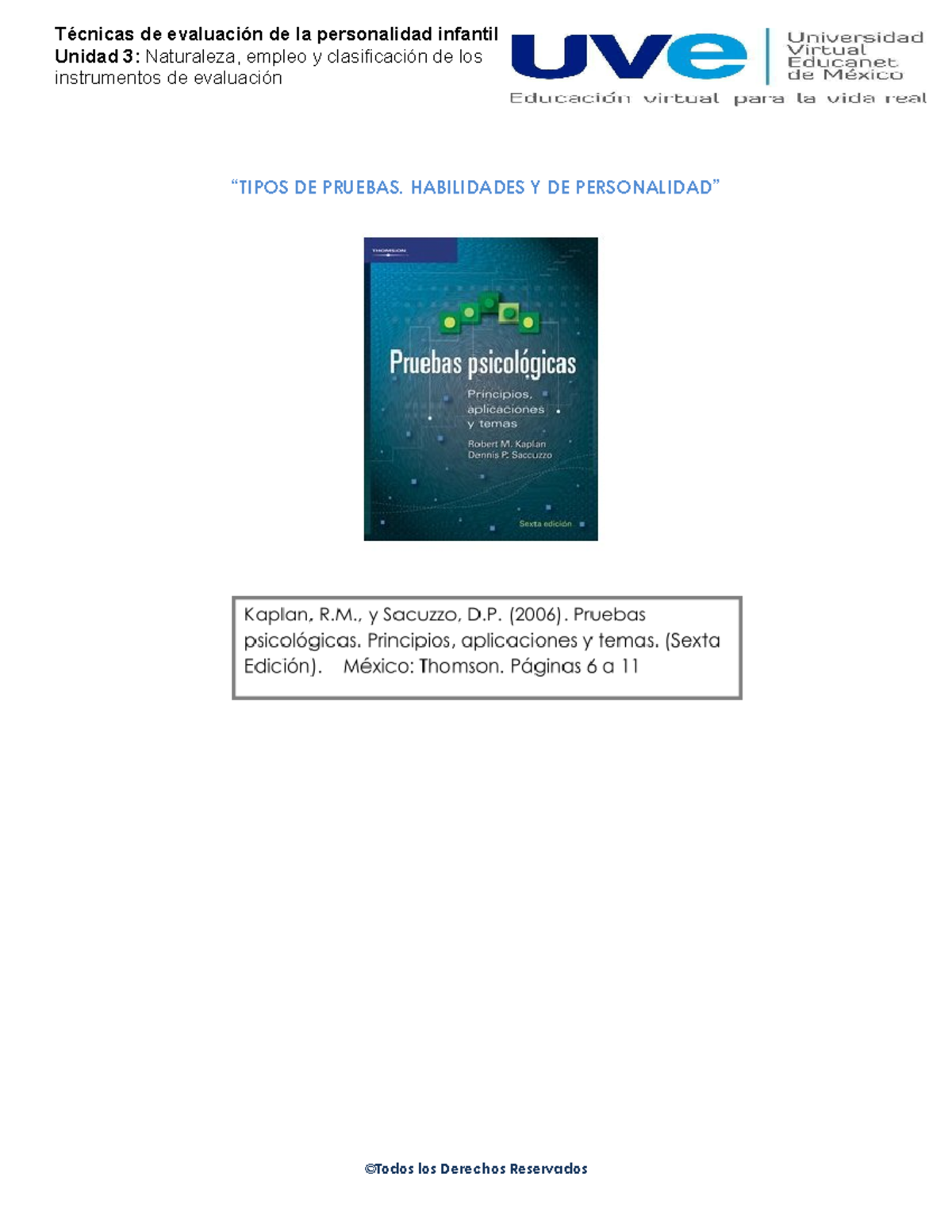Clasificación de las pruebas psicológicas - licenciatura en Psicologia - Unidad 3: Naturaleza ...