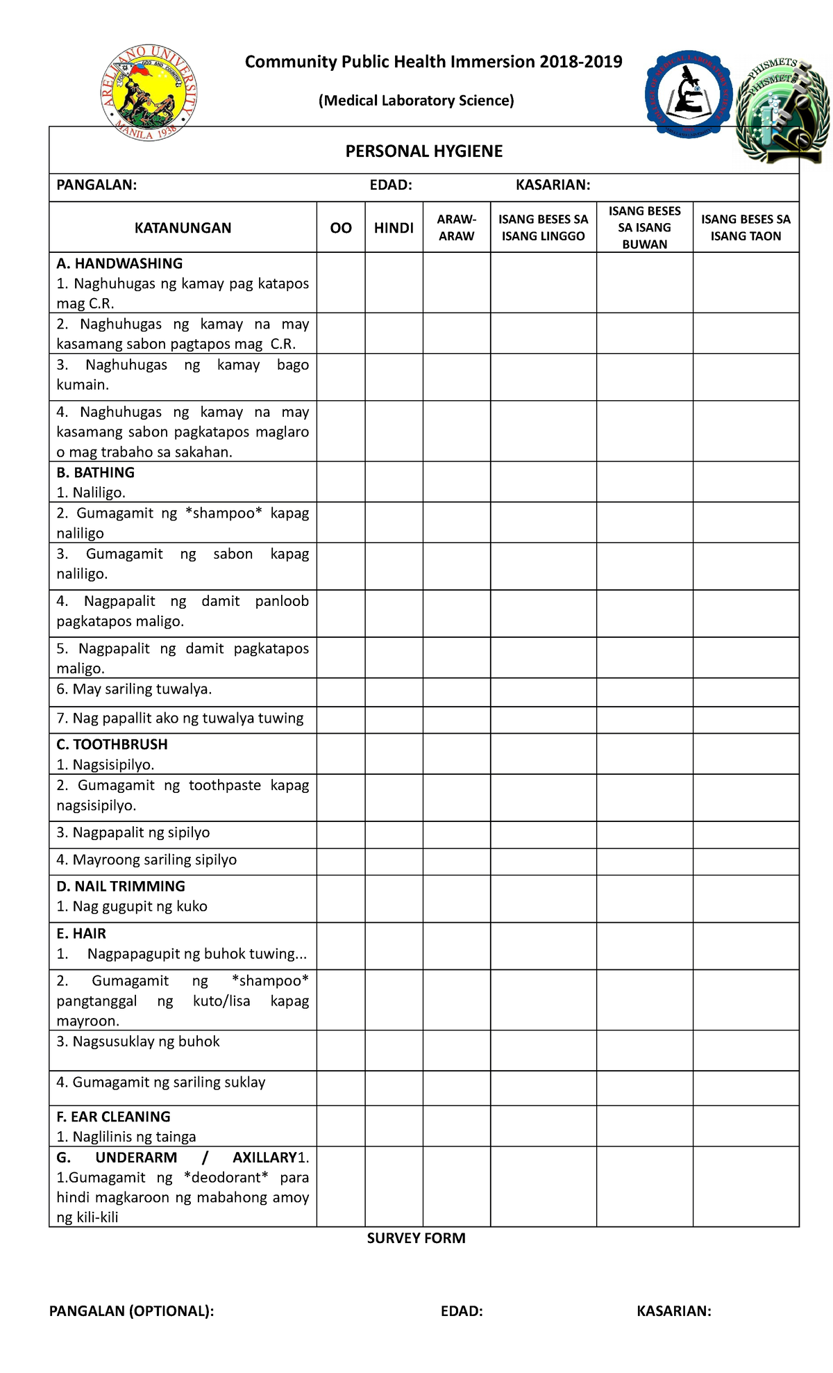CPH Survey FORM ( need to print) - Community Public Health Immersion ...