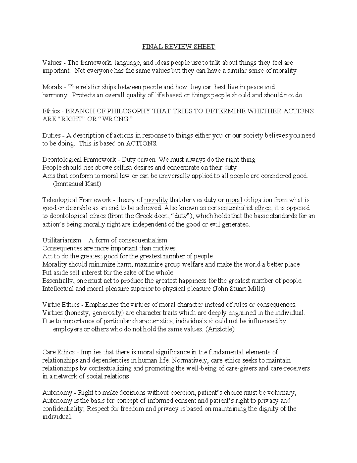 Final Review Sheet - FINAL REVIEW SHEET Values - The framework ...