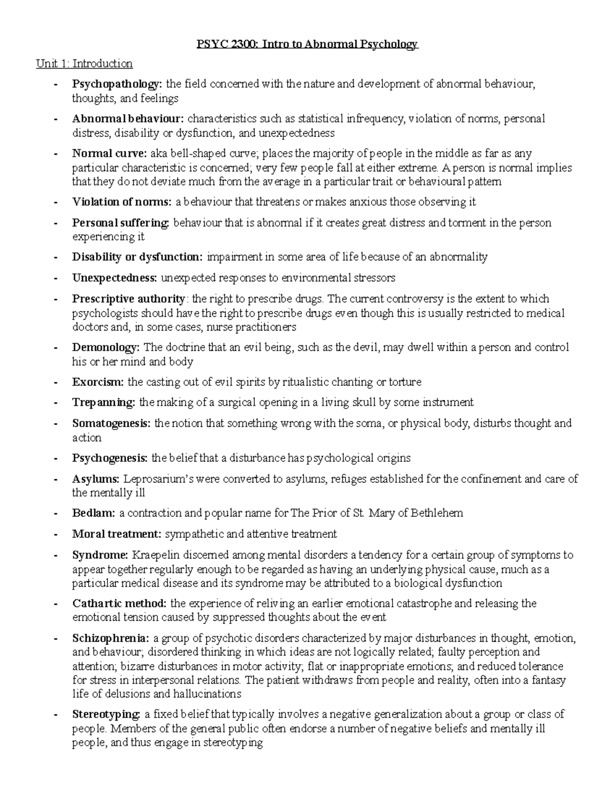 Intro to Abnormal Psych Notes - PSYC 2300: Intro to Abnormal Psychology ...