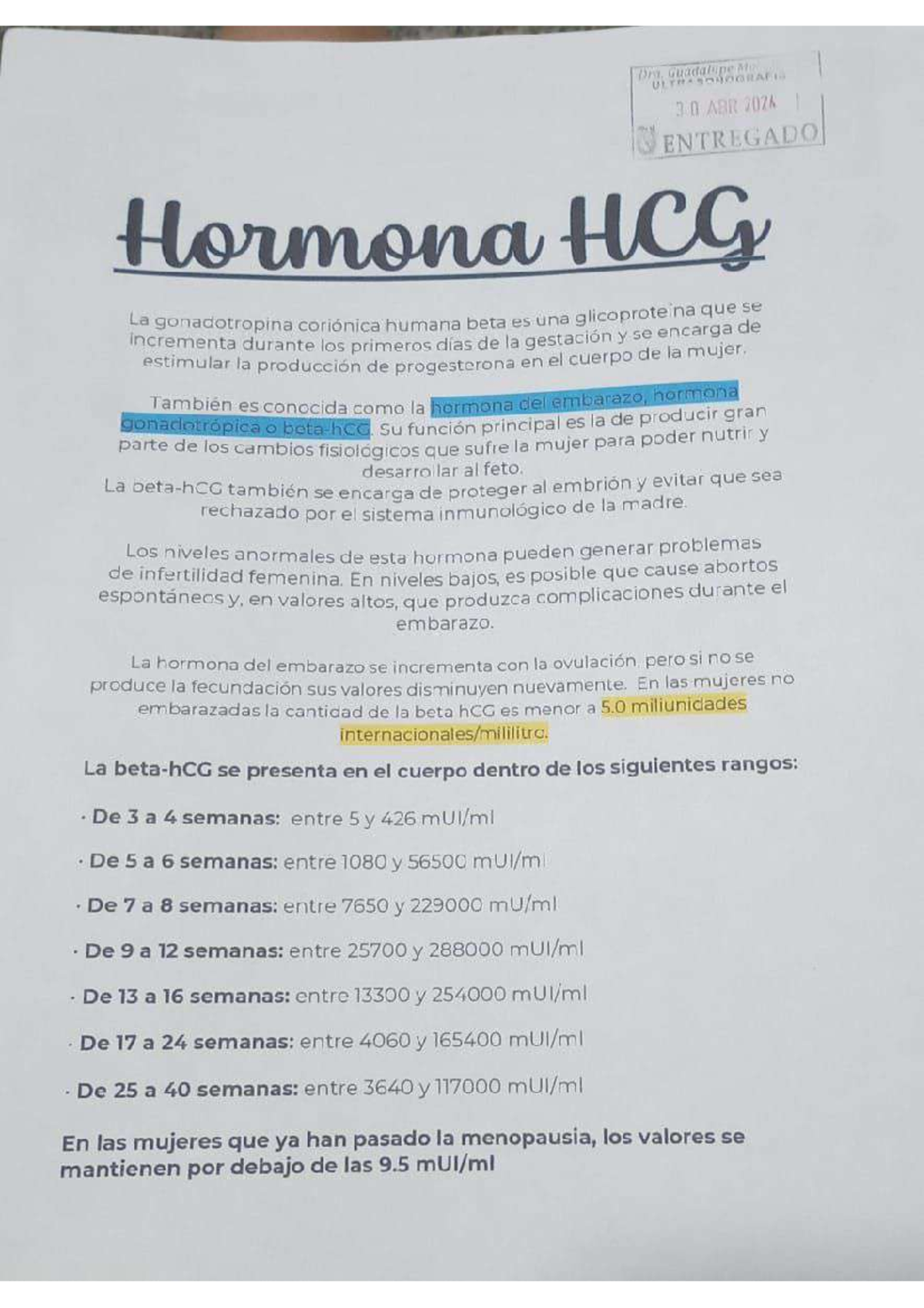 HCG - Valores durante el embarazo de la Hormona Gonadotropina Coriónica Humana . - Studocu