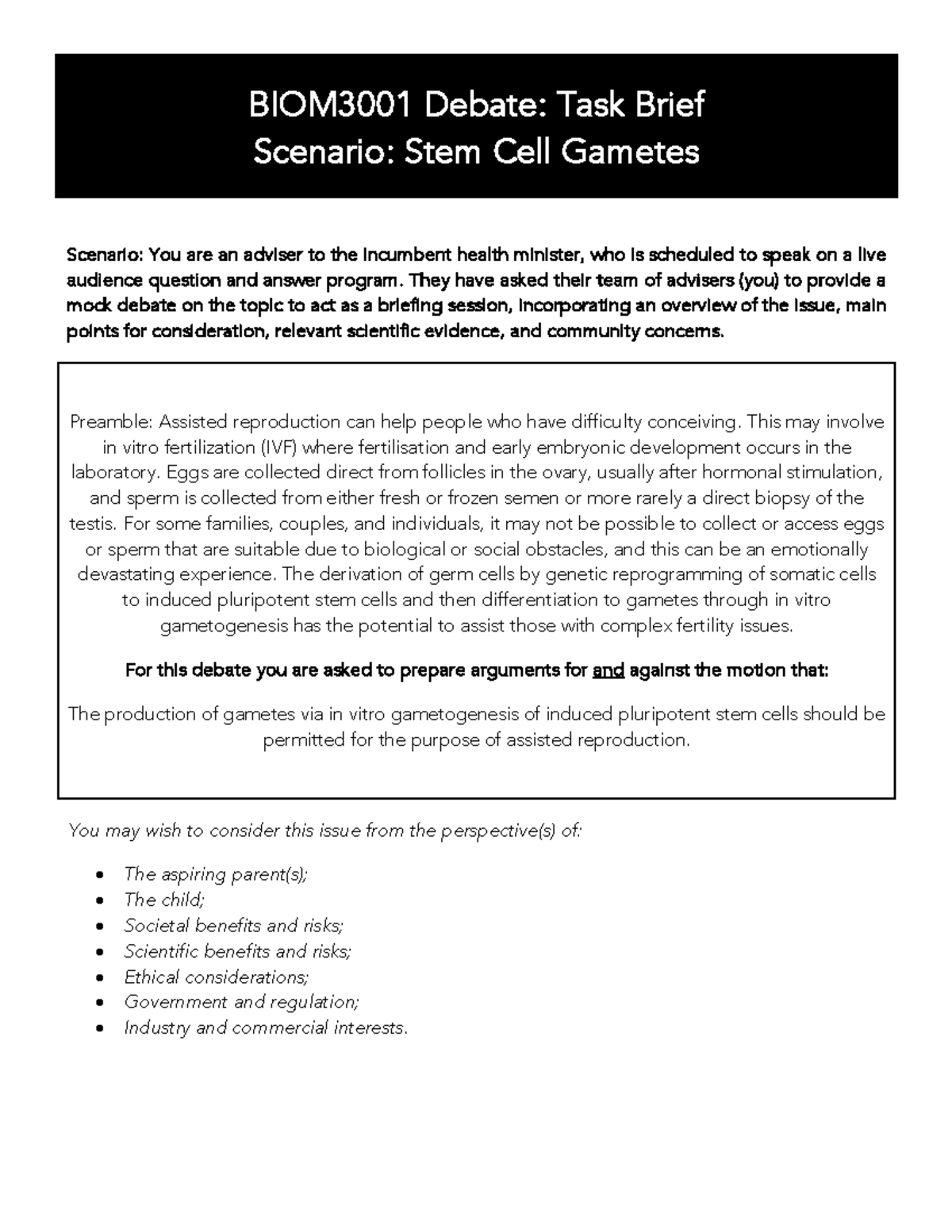 BIOM30001 Discussion Debate Task Brief - BIOM3001 Debate: Task Brief ...