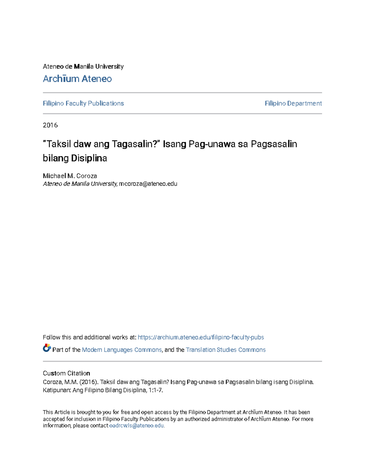 Taksil daw ang Tagasalin Isang Pag-unawa sa Pagsasalin bilang - Ateneo ...