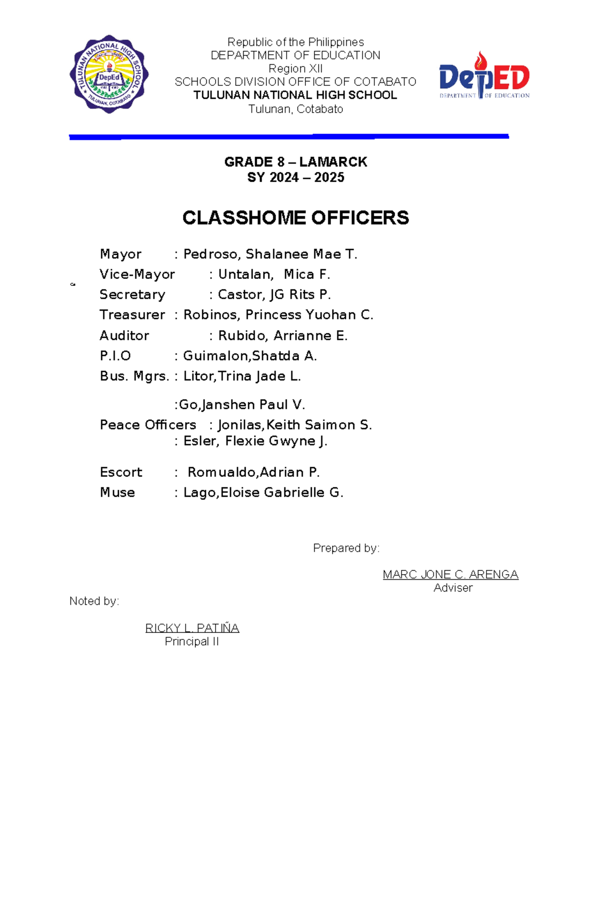 Classhome-Officers Lamarck - Republic of the Philippines DEPARTMENT OF ...