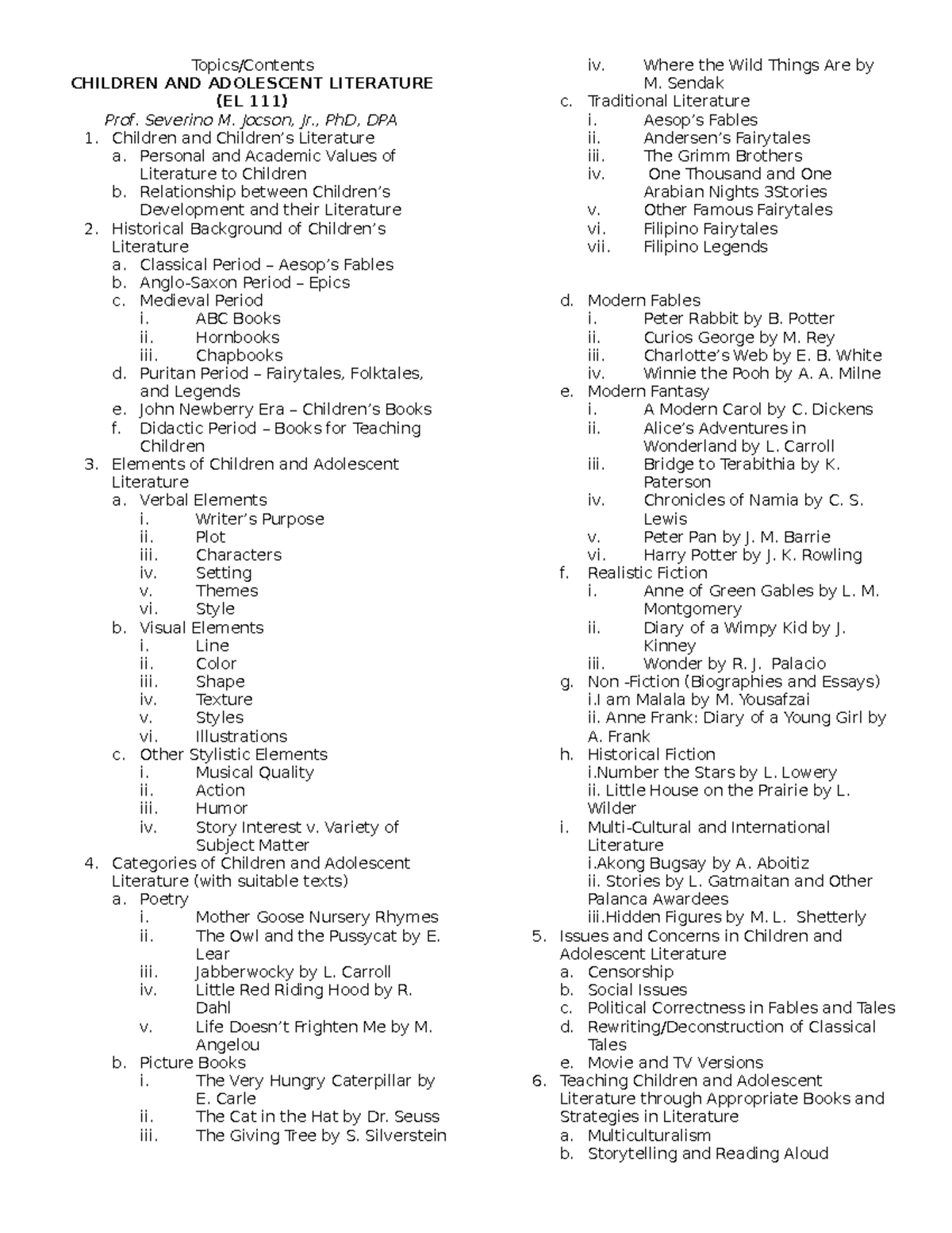 Topics or Contents Children and Adolescent Literature - Topics/Contents ...