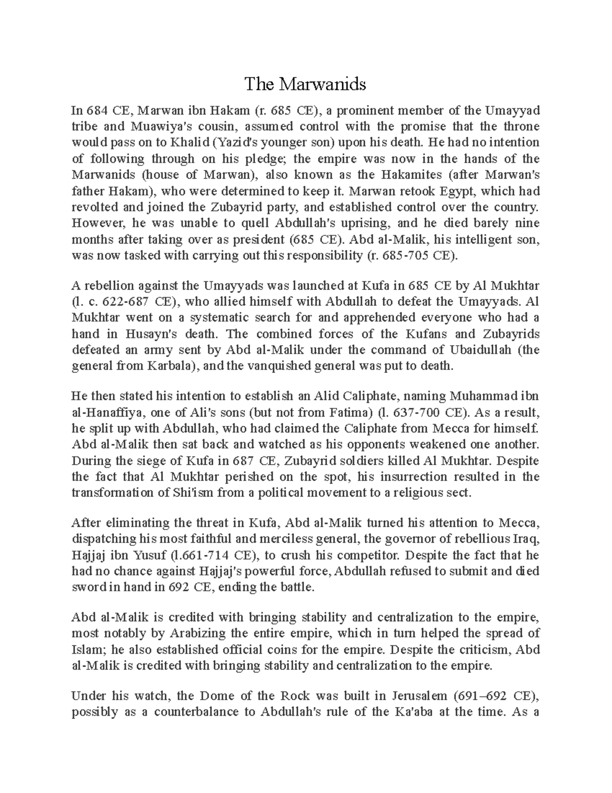 The Marwanids - Lecture notes 1 - The Marwanids In 684 CE, Marwan ibn ...