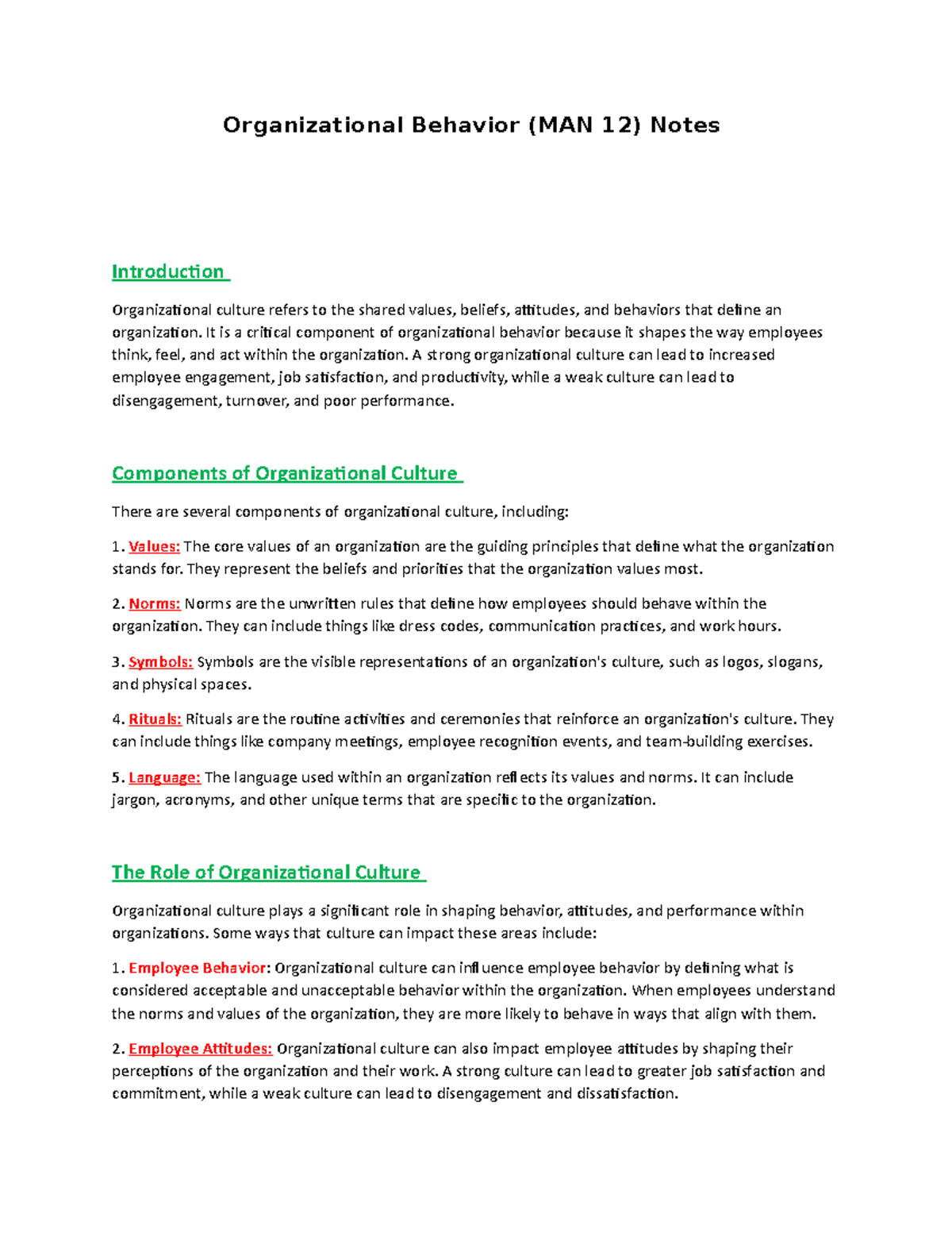 Organizational Behavior (MAN 12) Notes 6 - Organizational Behavior (MAN ...