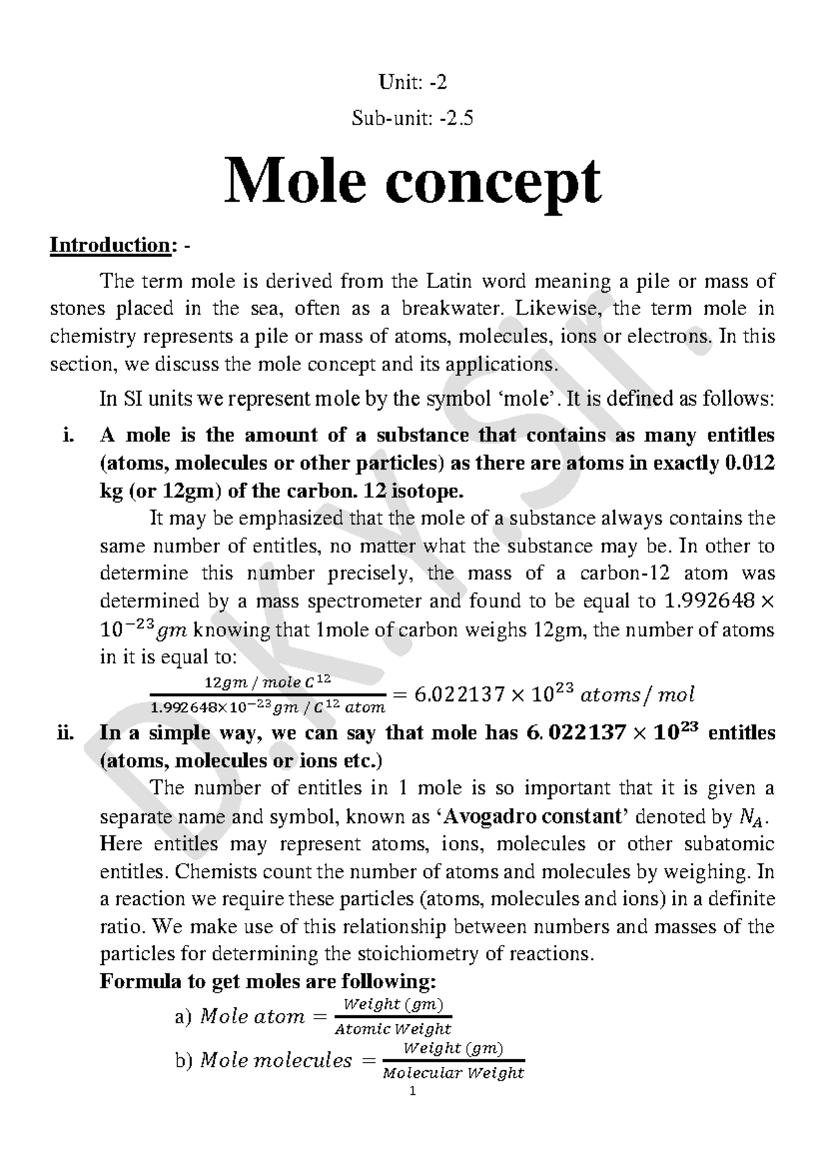 Mole concept - 1 Unit: - 2 Sub-unit: - 2. Mole concept Introduction ...