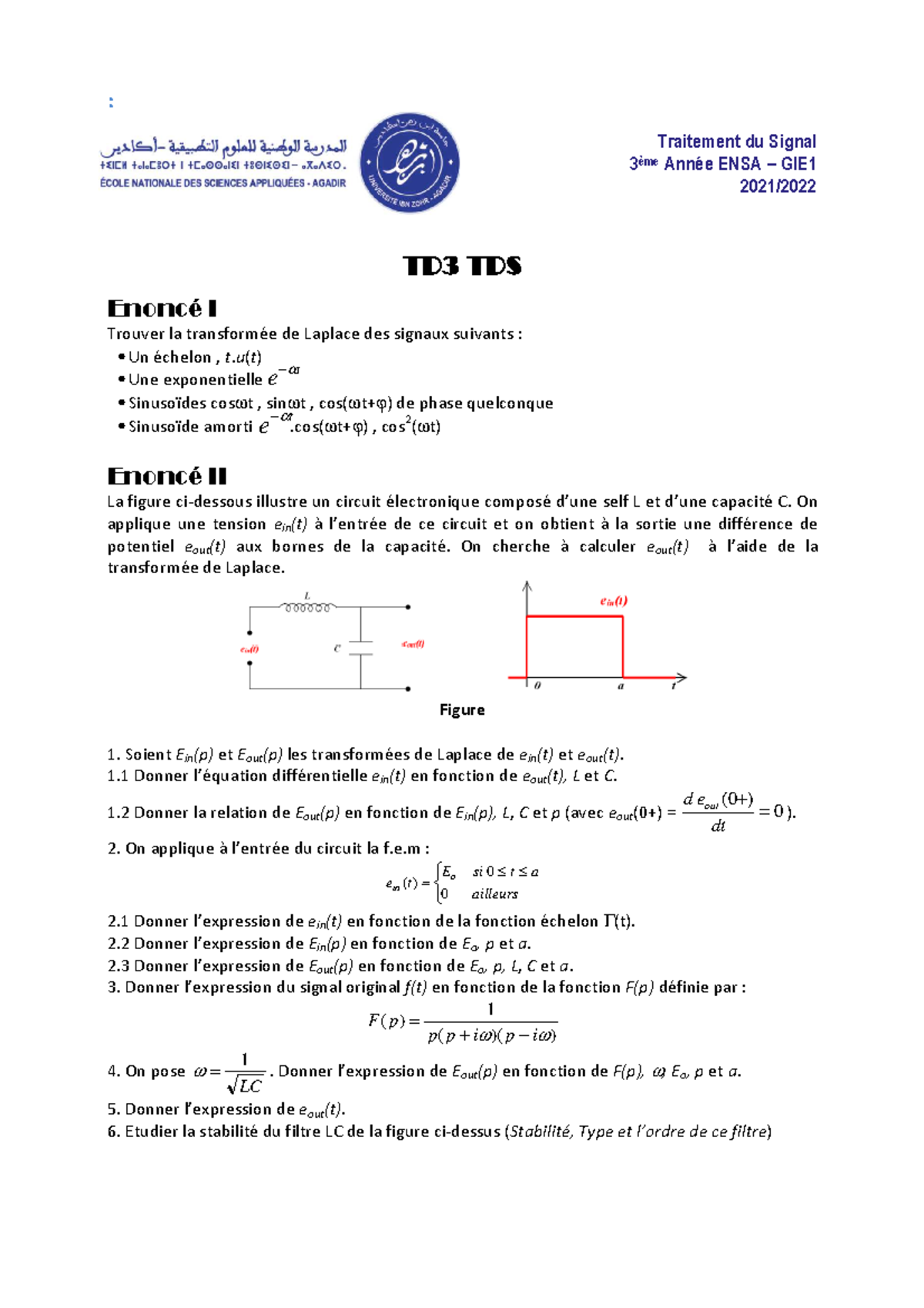 TD3 TDS GIE1-2021 2022 - Automatique - : Traitement du Signal 3 ème ...