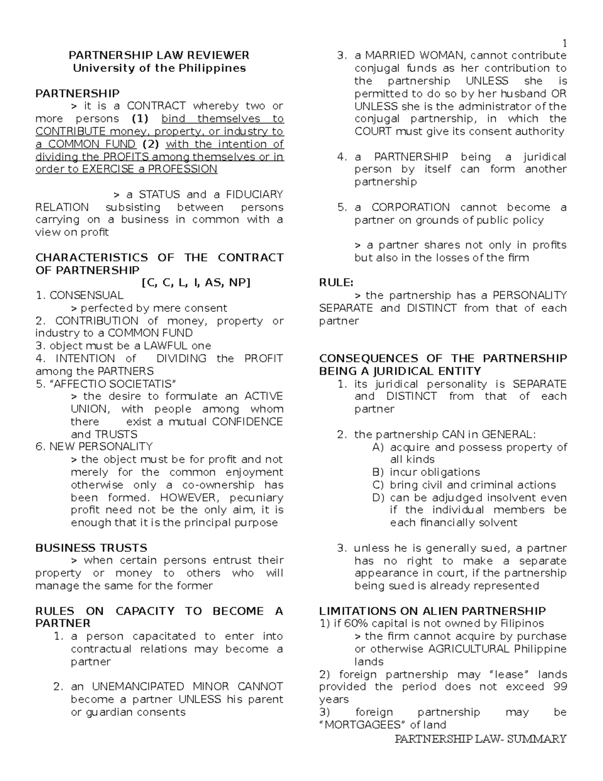 Partnership reviewer - PARTNERSHIP LAW REVIEWER University of the ...