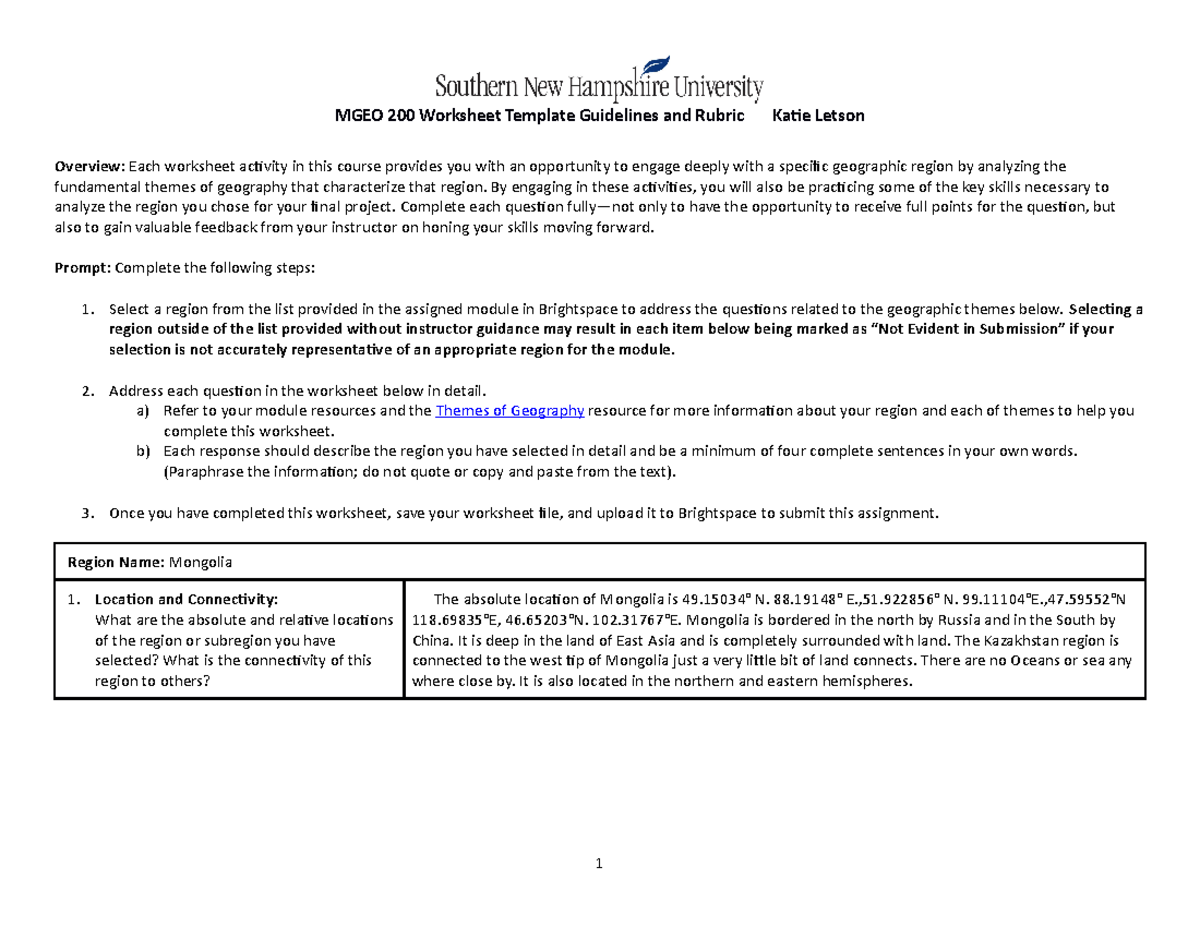 Mongolia region assignment - MGEO 200 Worksheet Template Guidelines and ...